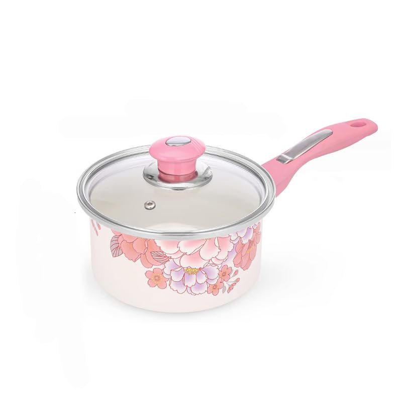 Enamel Saucepan 1500ml, Floral Small Cooking Pot Casserole with Glass ...