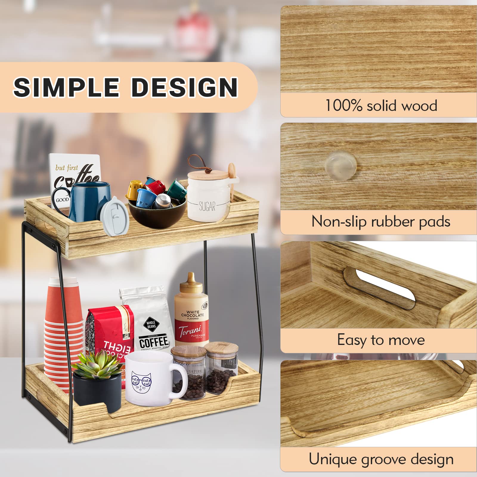 2-Tier Coffee Bar Organizer for Countertop, Wood Coffee Station ...