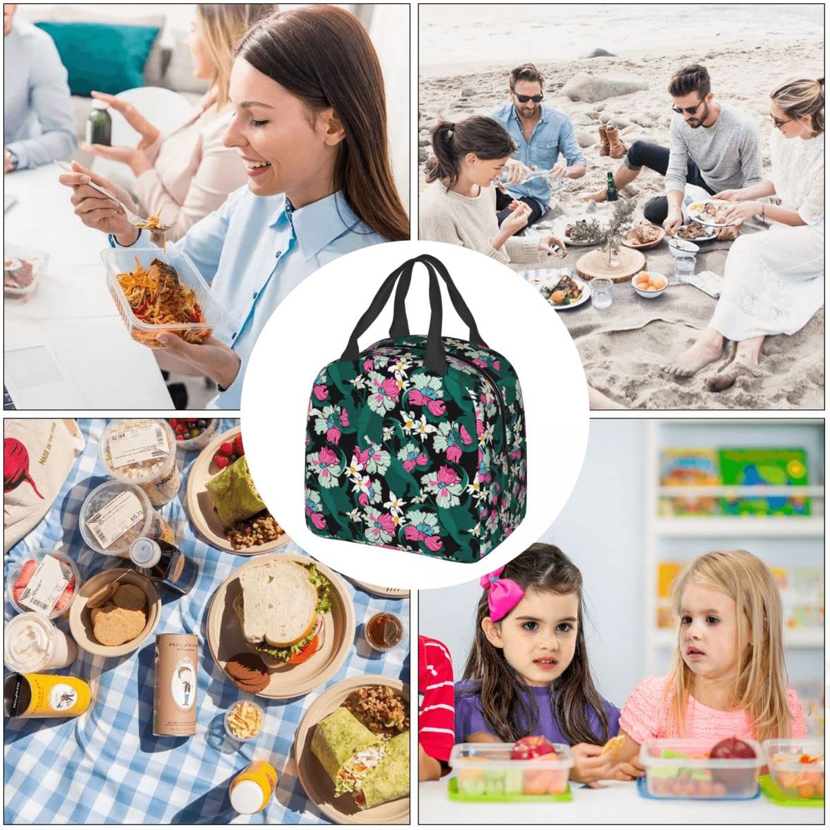 Cute Flowers Lunch Bag for Women Insulated Portable Lunch Bag Reusable ...