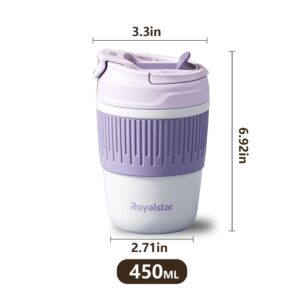 MIUGO Coffee Mug Travel Tumbler with Lid and Straw Reusable Thermos 15oz Vacuum Insulated ...