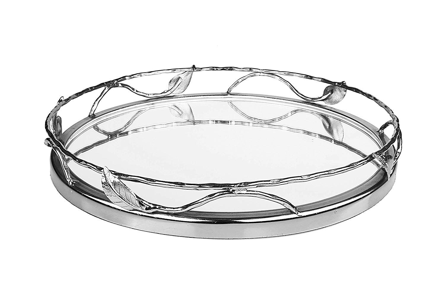 Round Mirror Tray with Nickel Leaf Design - Elegant Serving Tray ...