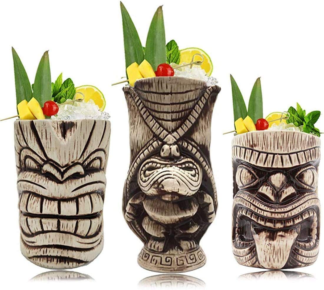 Tiki Mugs Set - Large Ceramic Tiki Mug, Cocktail Mugs for Mai Tai ...