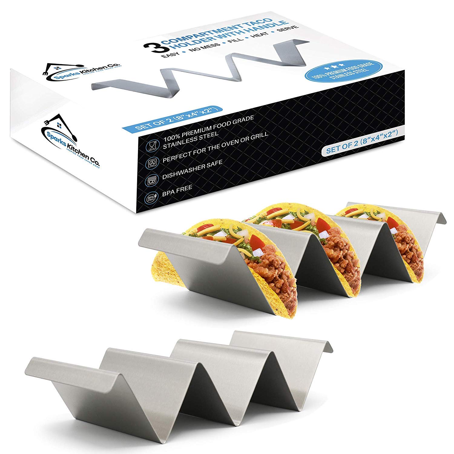 2 Pack Taco Holder Stand with Handles - Stainless Steel 4”x8” Taco Rack ...