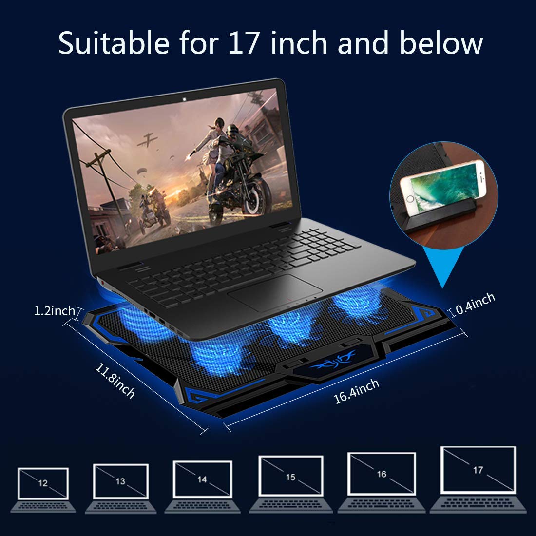 Laptop Cooling Pad, Laptop Cooler with 6 Quiet Led Fans for 15.6-17 ...