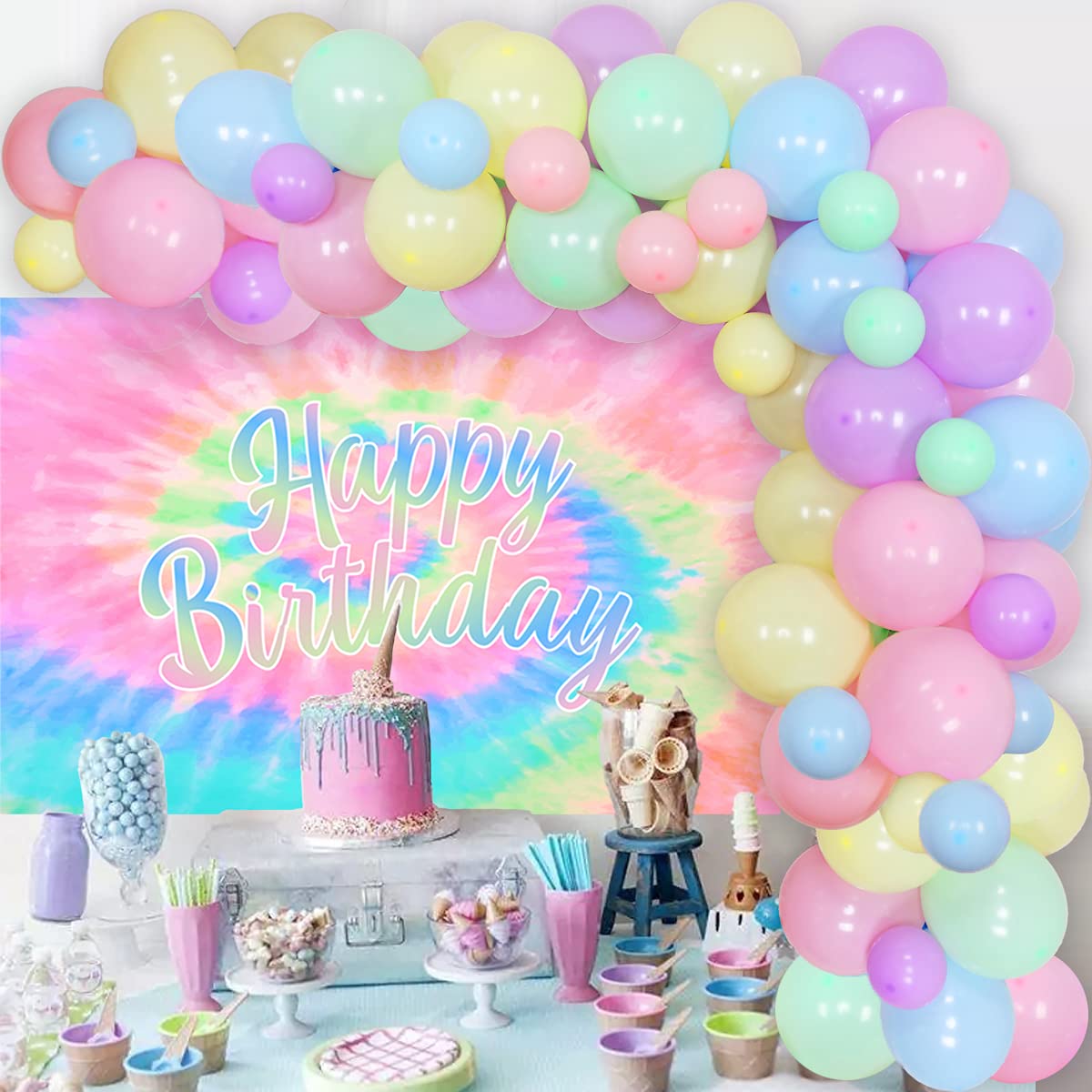 Tie Dye Birthday Decorations for Girls - Macaron Color Balloon Garland ...