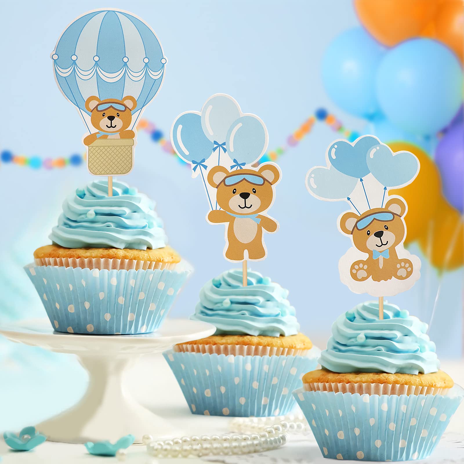 Hot Air Balloon Pilot Bear Cupcake Cake Toppers Aviator Fly Baby Shower ...