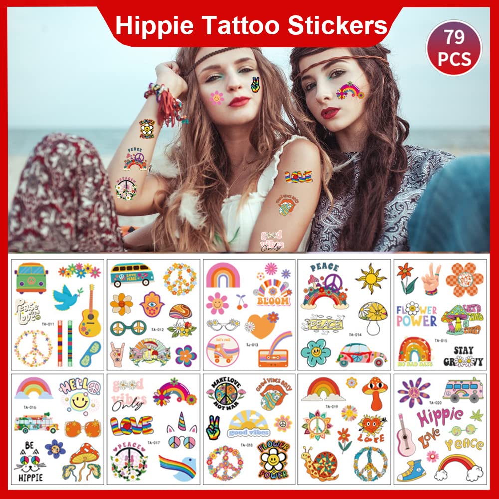 Hippie Tattoos for Kids Women Adult Groovy Hippie Temporary Tattoos ...