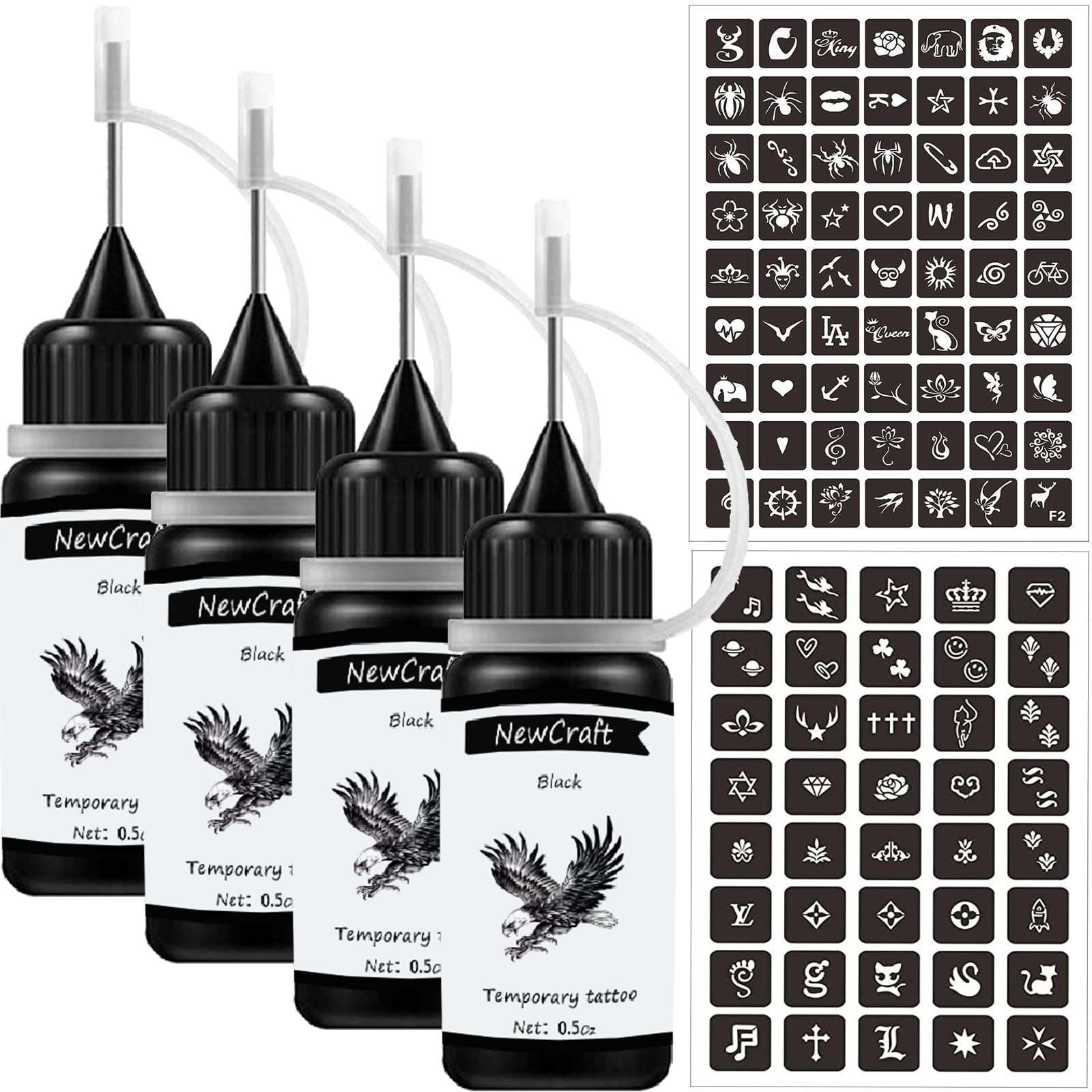 NewCraft 4 Packs Black Temporary Tattoo Ink and Stencils for Women Men ...