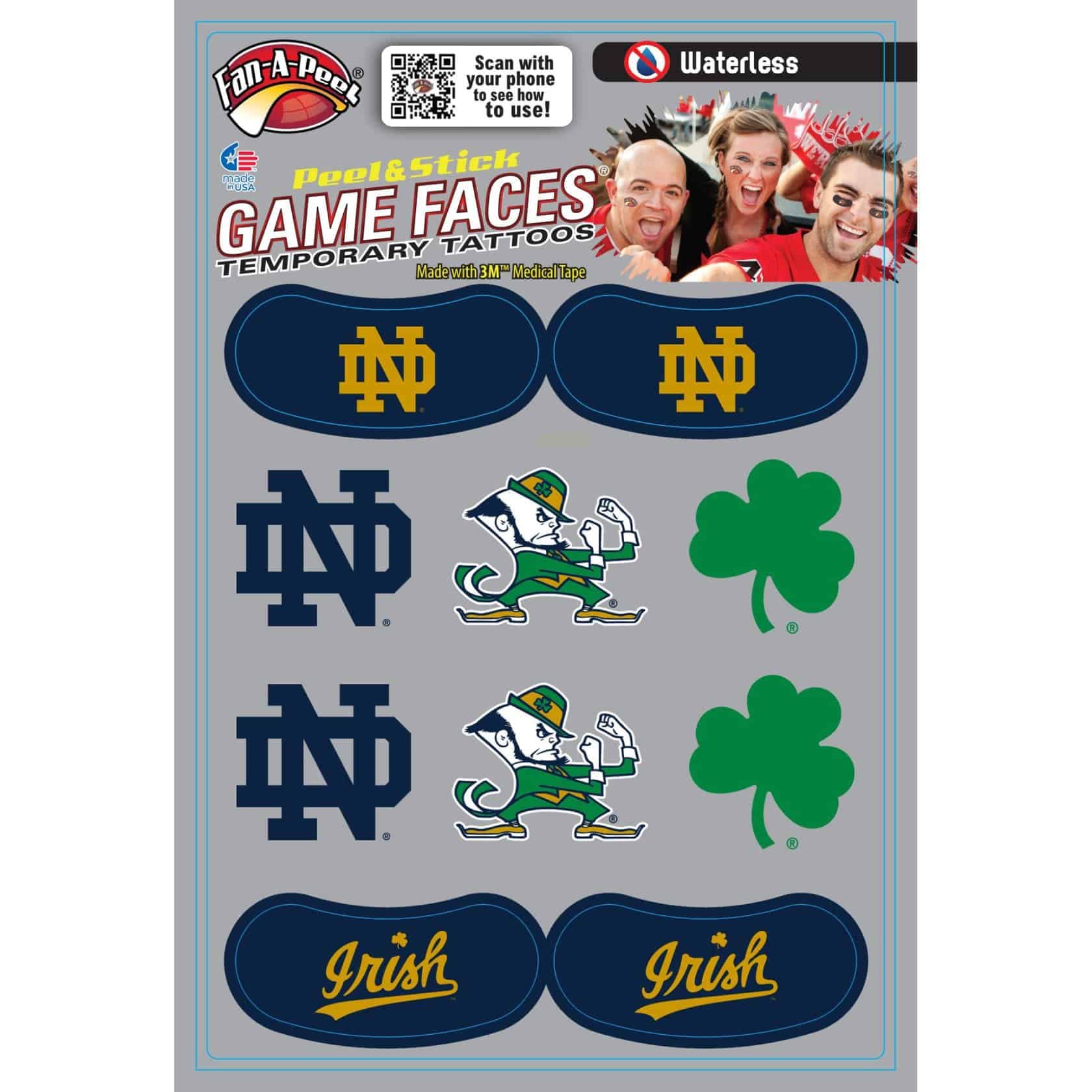 Notre Dame – Waterless Peel & Stick Temporary Tattoos – 10-Piece Combo ...