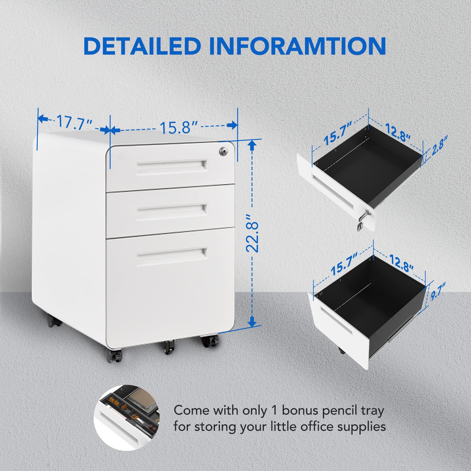 FLEXISPOT Metal File Cabinet for Under Desk Storage Mobile 3 Drawer ...