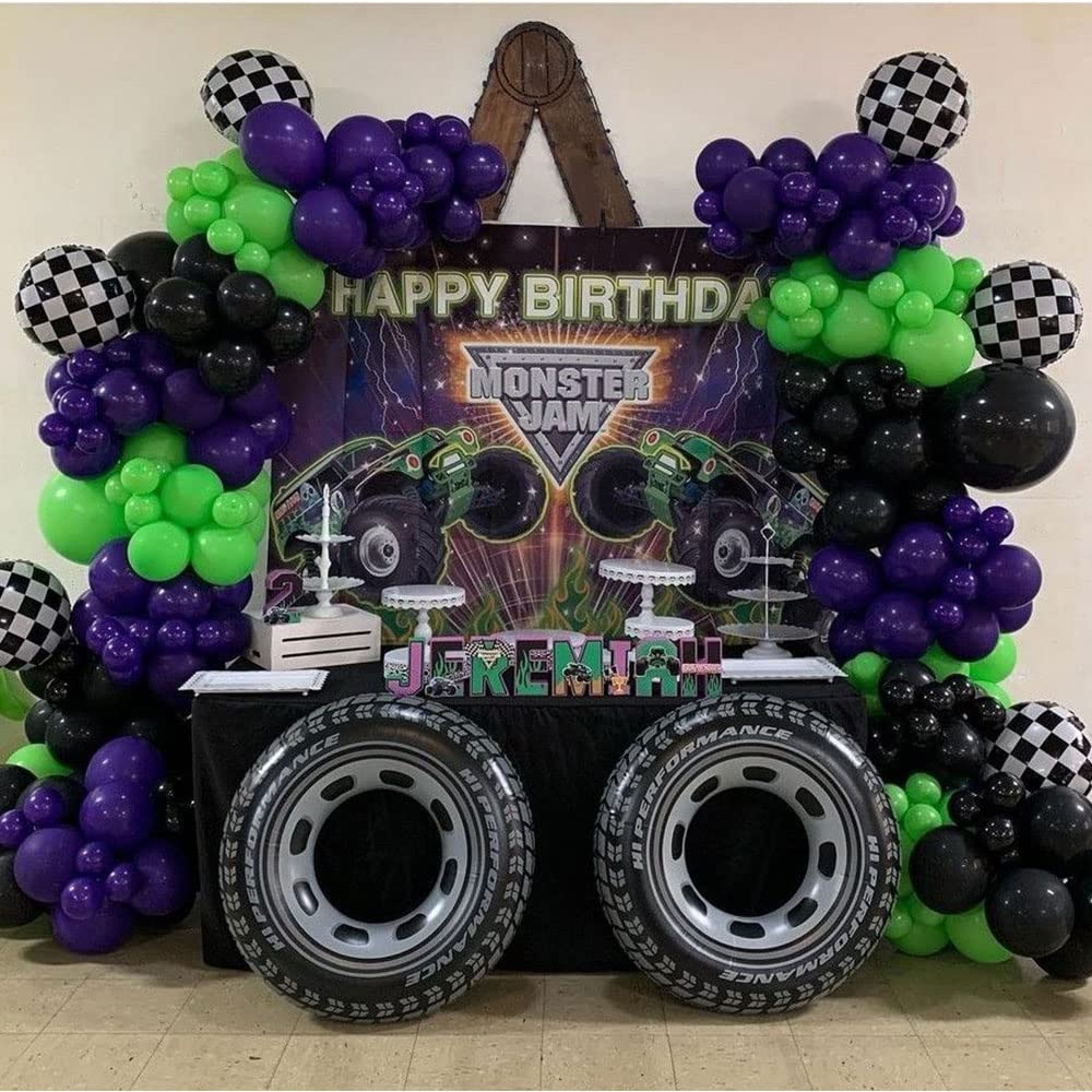Monster Truck Theme Balloon Garland, 132pcs Black Green Dark Purple ...