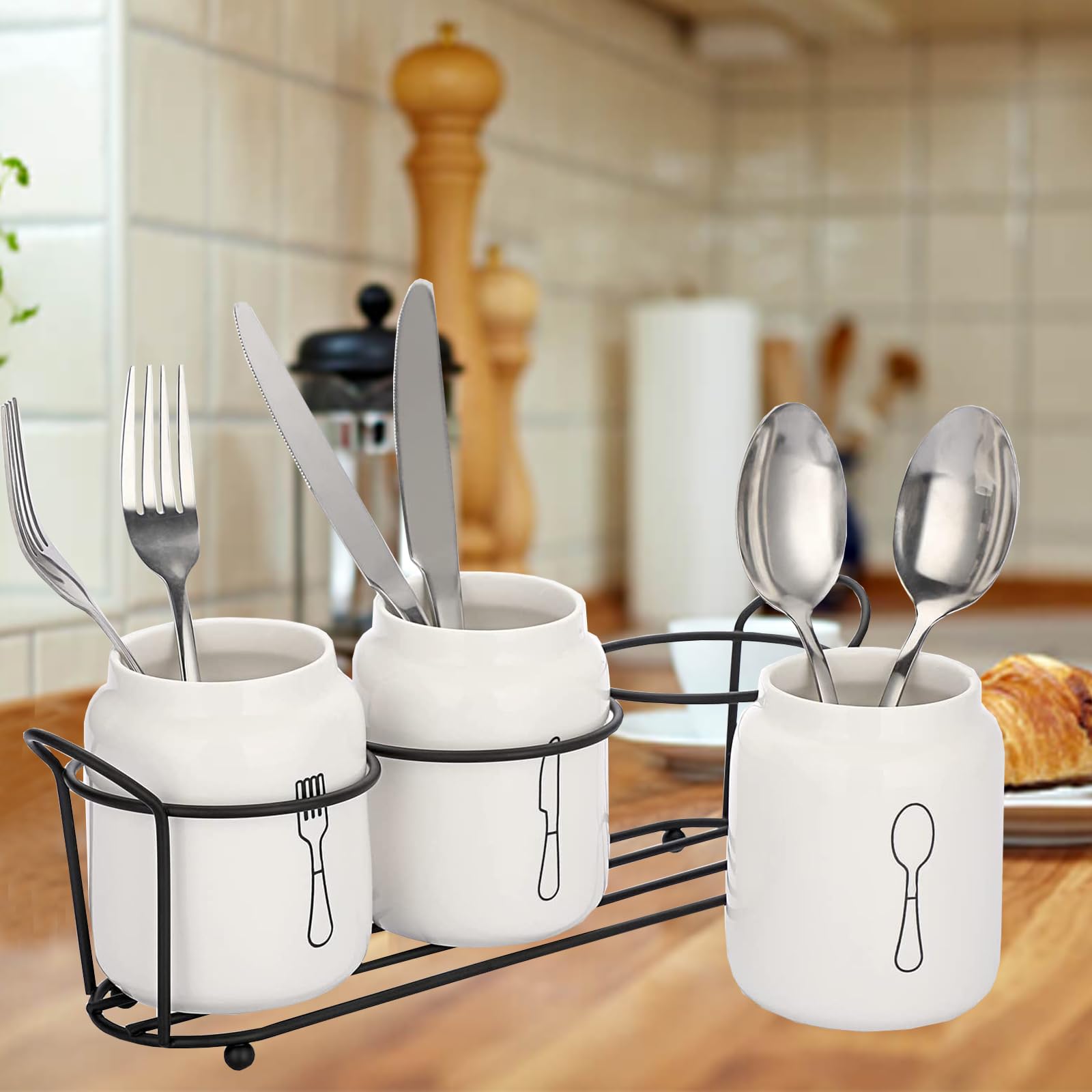 3-Piece Ceramic Silverware Caddy with Metal Rack, Cutlery Organizer ...
