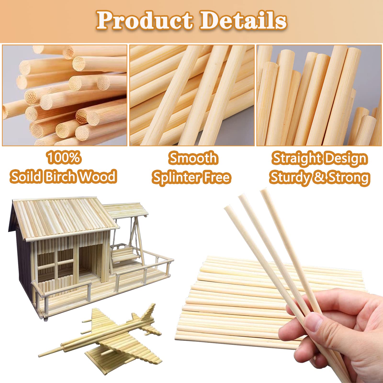 Wooden Dowel Rods, Unfinished Natural Wood Sticks 1/4 x 6 Inch Craft ...