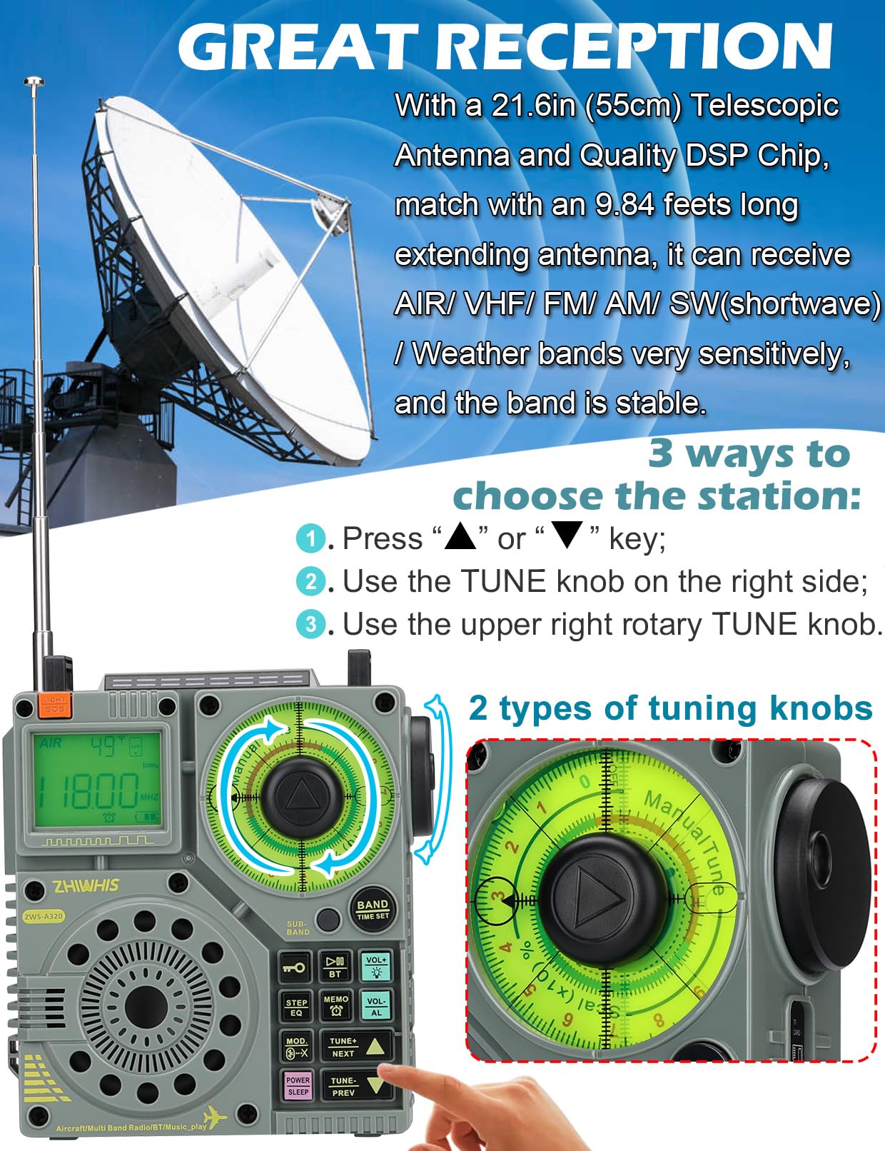 ZHIWHIS Shortwave Radio with Bluetooth and APP Control, AIR AM FM VHF SW WB Portable Receiver ...