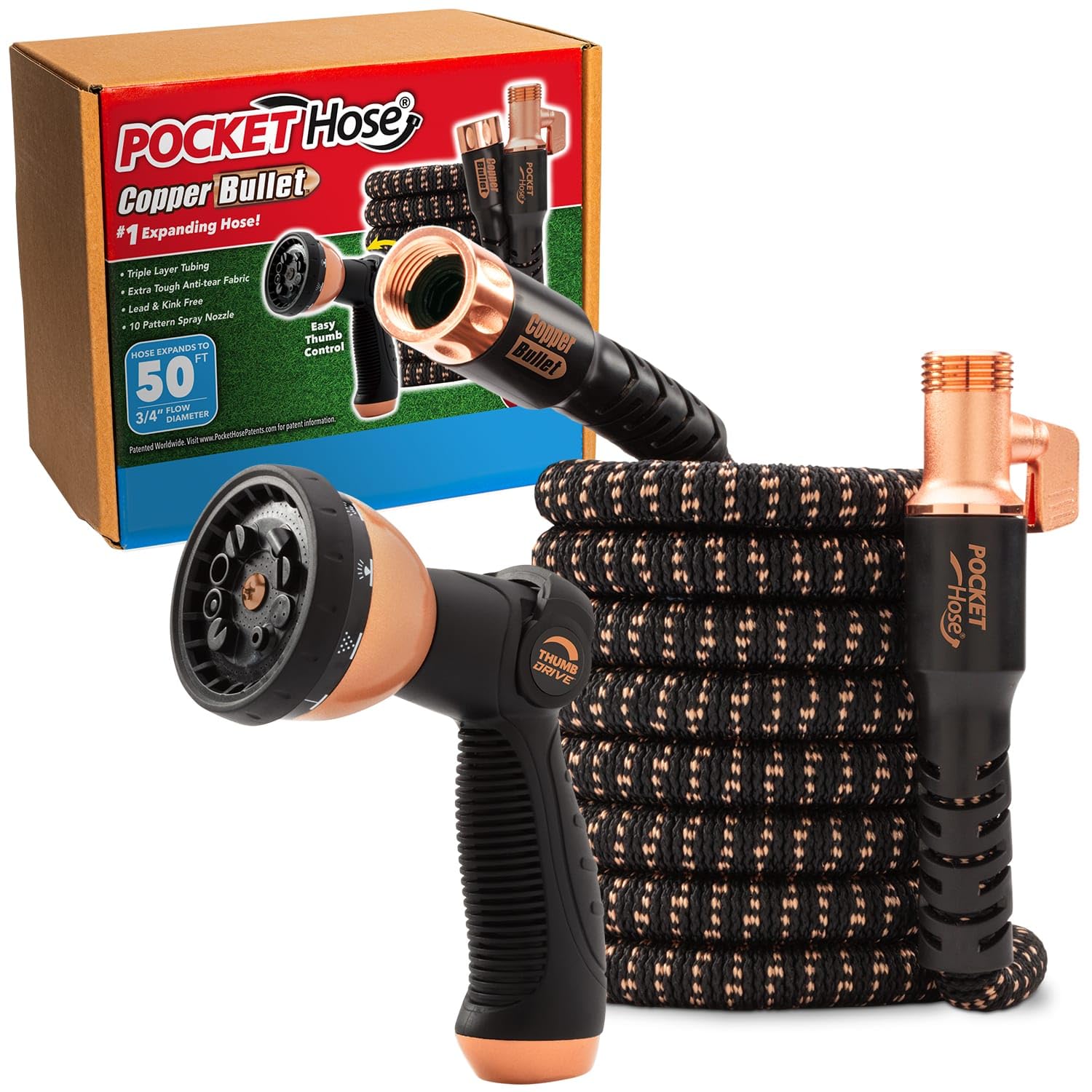 Pocket Hose Copper Bullet Expandable Garden Hose w/10 Pattern Thumb ...