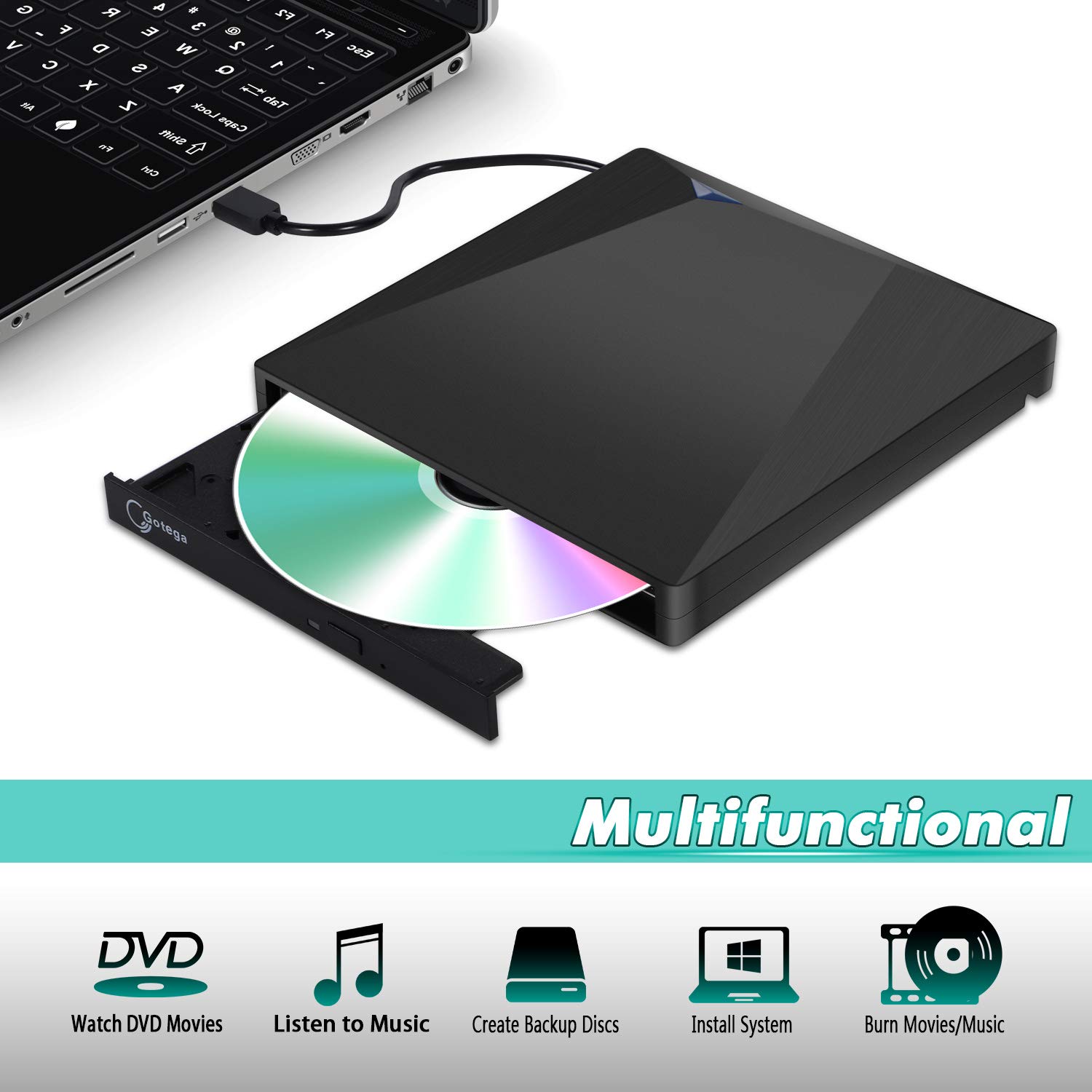 Gotega External DVD Drive USB 3.0 Type C with Storage Case External CD ...