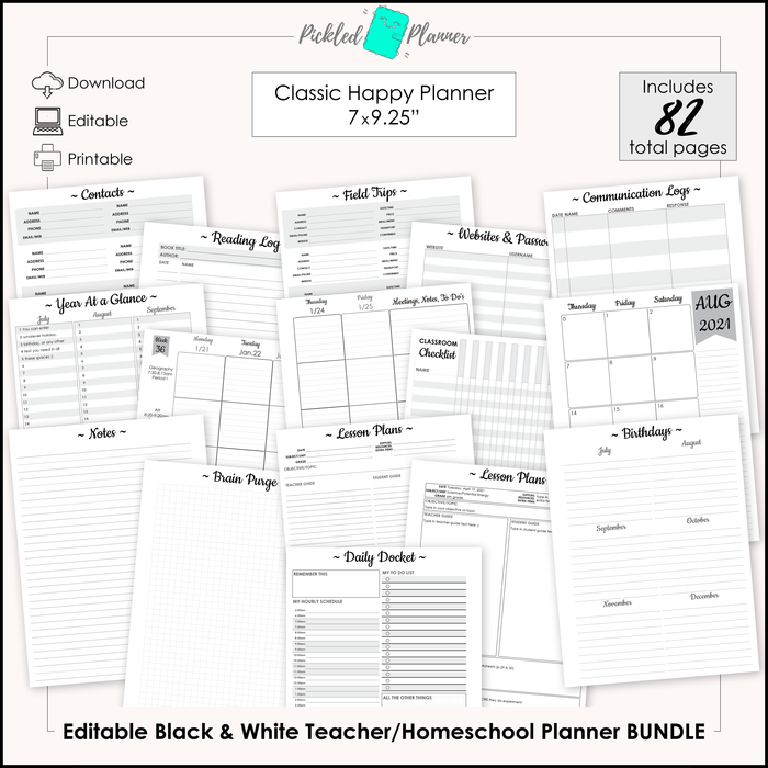 Editable Black & White Teacher/Homeschool Planner BUNDLE (Classic Happy ...