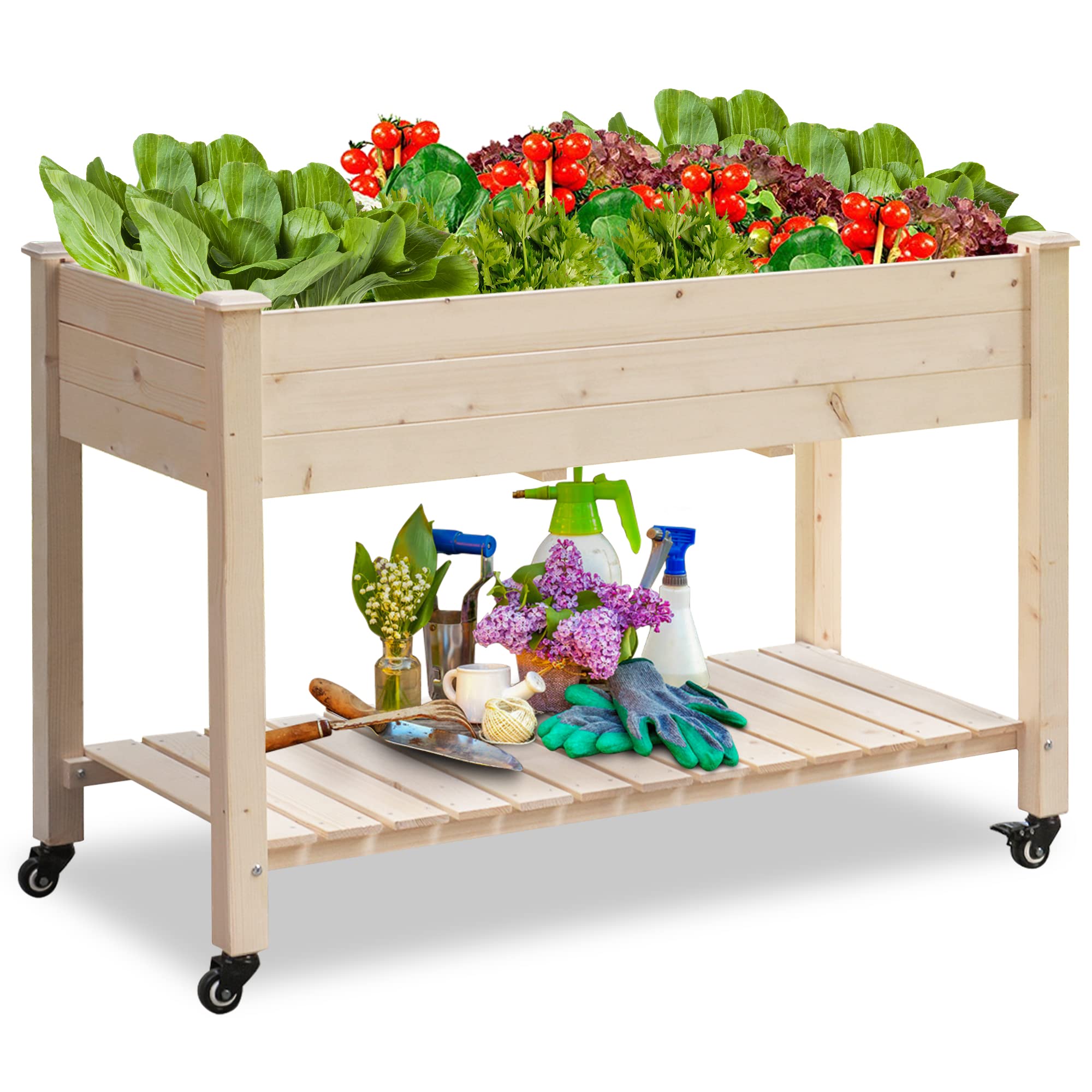 LYNSLIM Wooden Raised Garden Bed with Wheels & Shelf Elevated Planter ...