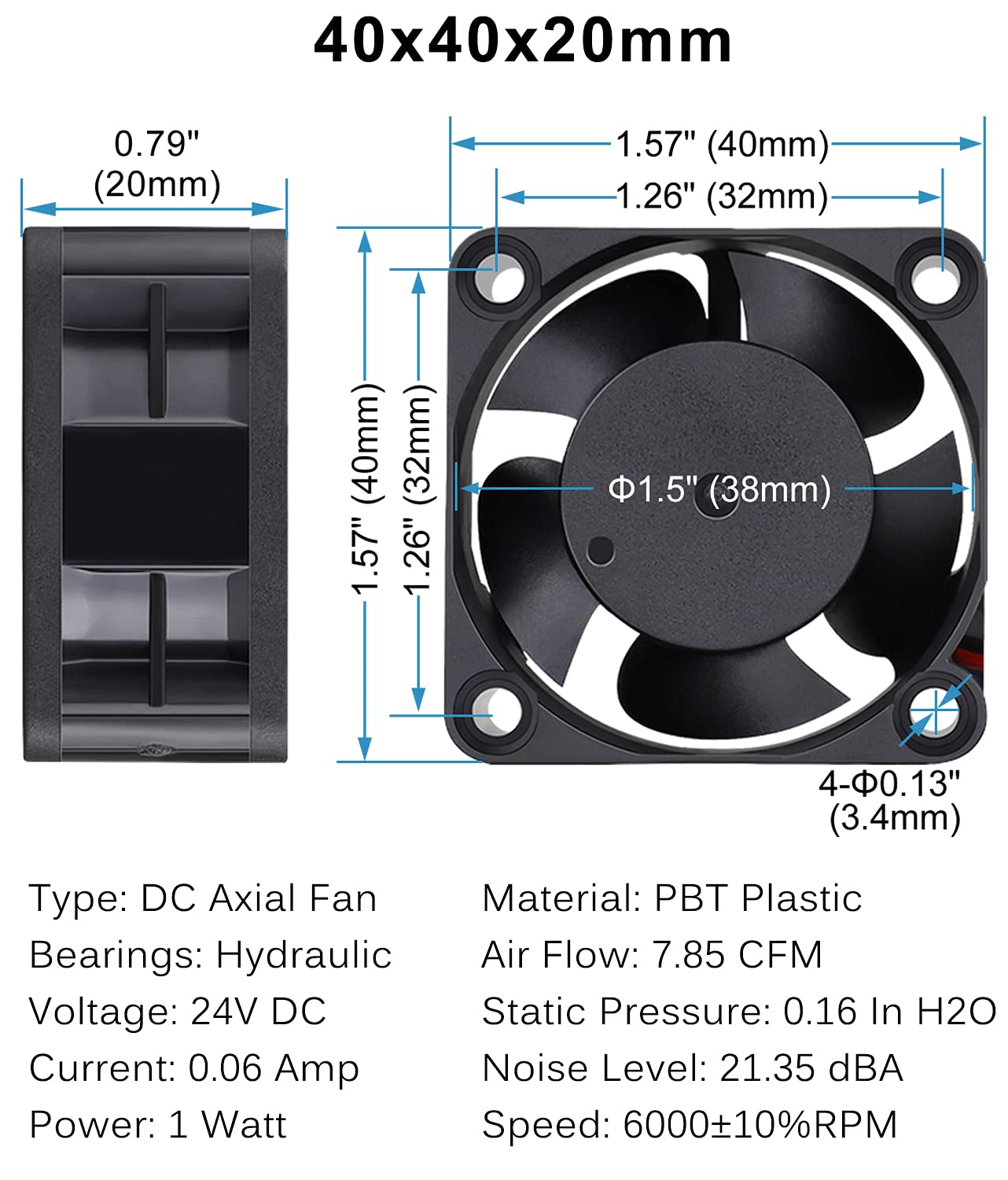 GDSTIME 40mm Brushless Cooling Fan, 40mm x 40mm x 20mm 24V Dc Fan ...