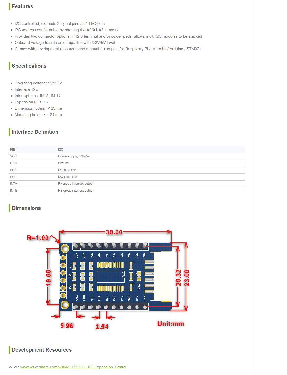 Waveshare MCP23017 IO Expansion Board I2C Interface Expands 16 I/O Pins ...