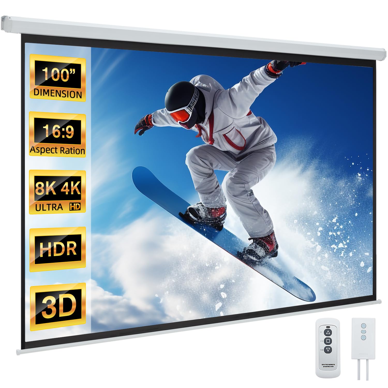 YODOLLA Projector Screen Motorized 100" 16:9, 4K 3D HD Electric ...