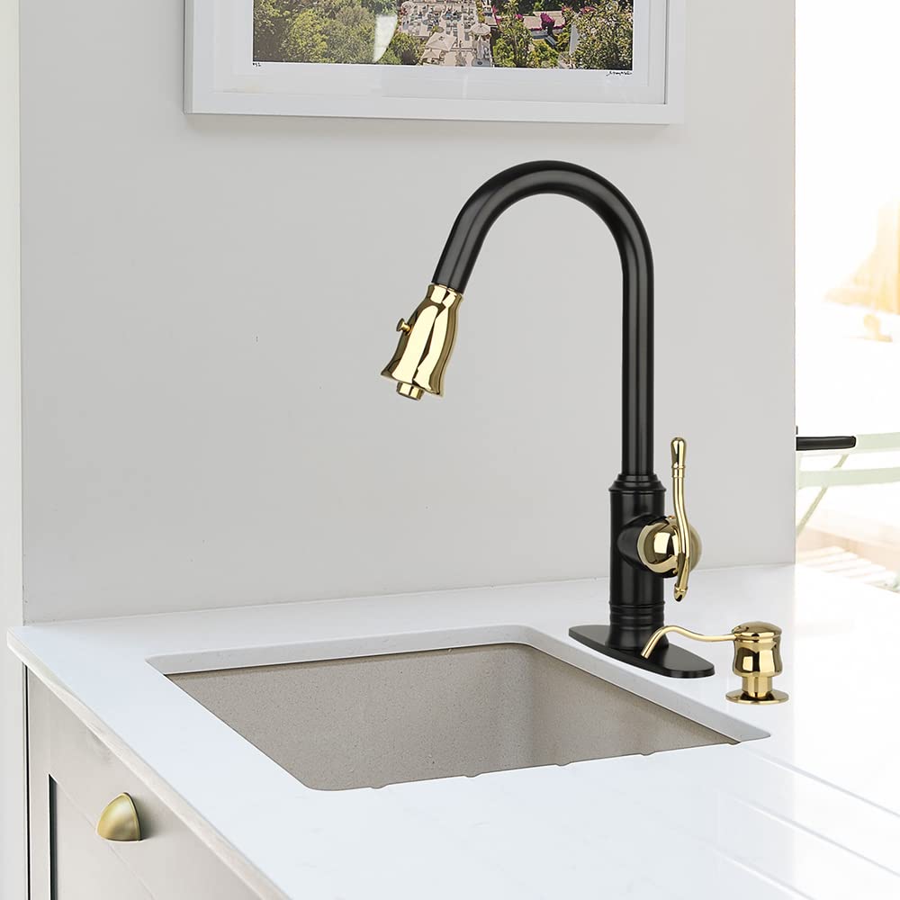 Two Tone Kitchen Faucet with Soap Dispenser and Air Gap, Single Handle ...