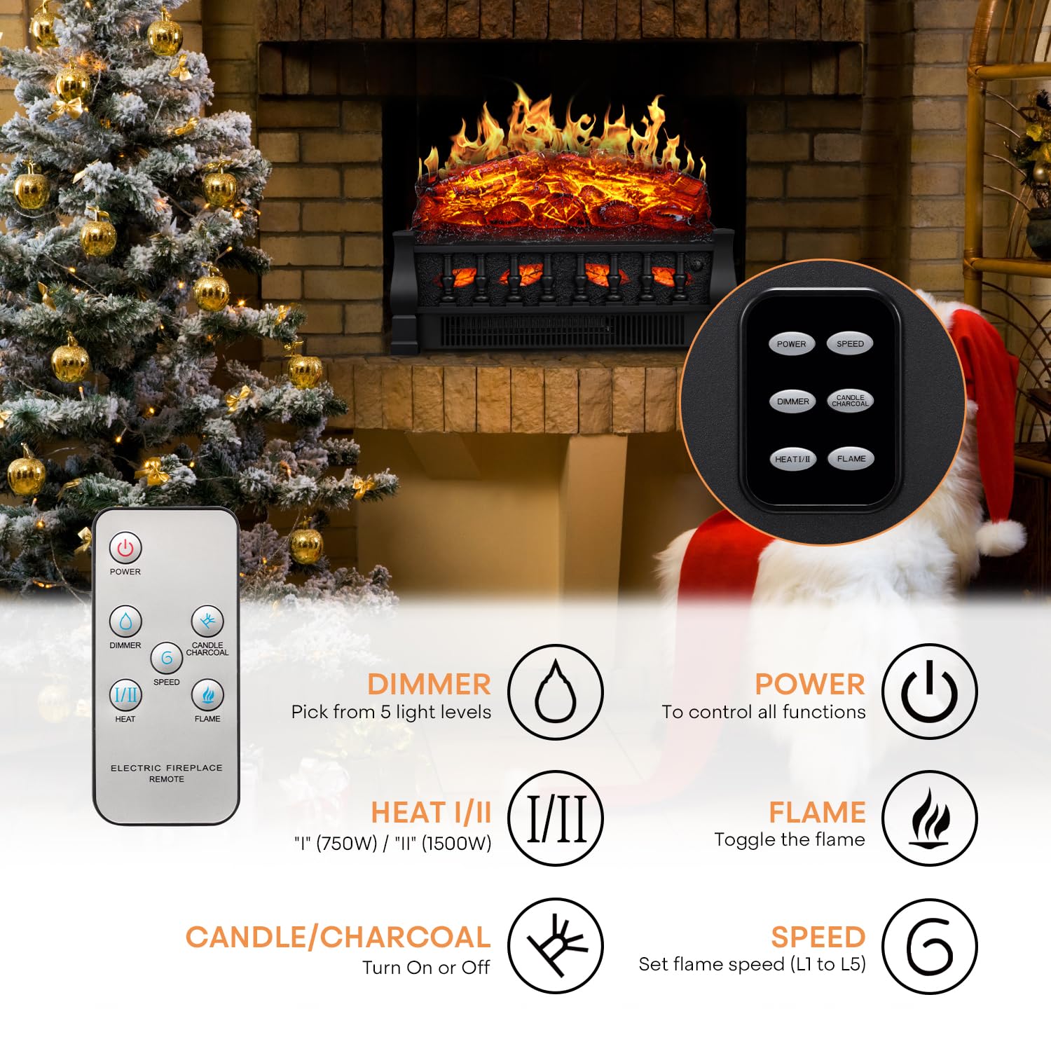 20" Electric Fireplace Heater with Realistic Flame Remote Control for ...