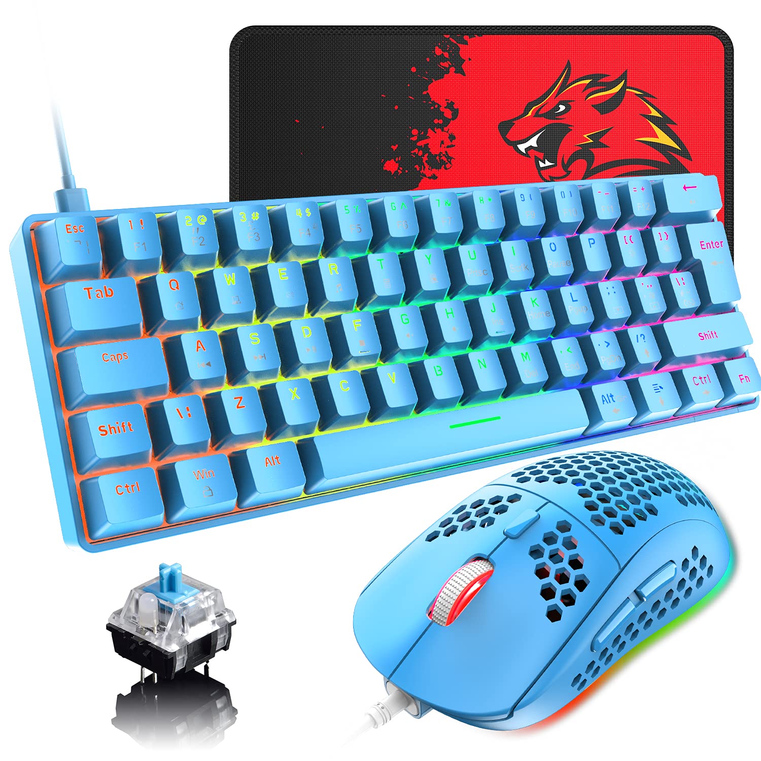 SELORSS Blue 60% True Mechanical Gaming Keyboard and Mouse Combo,20 RGB ...