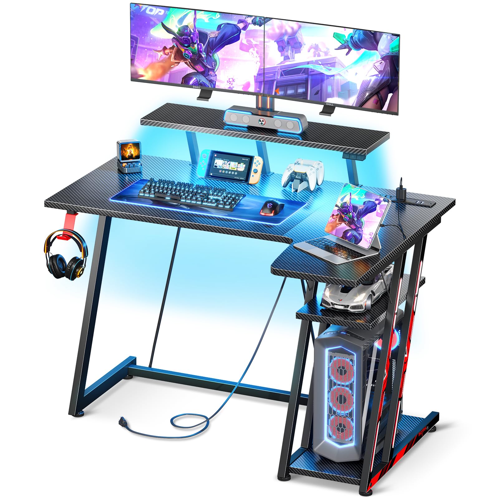 MOTPK Small Gaming Desk with LED Lights & Power Outlets, 39 Inch L ...