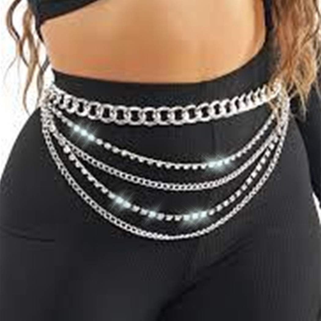 Dresbe Boho Layered Body Chain Silver Rhinestones Belly Waist Chain ...