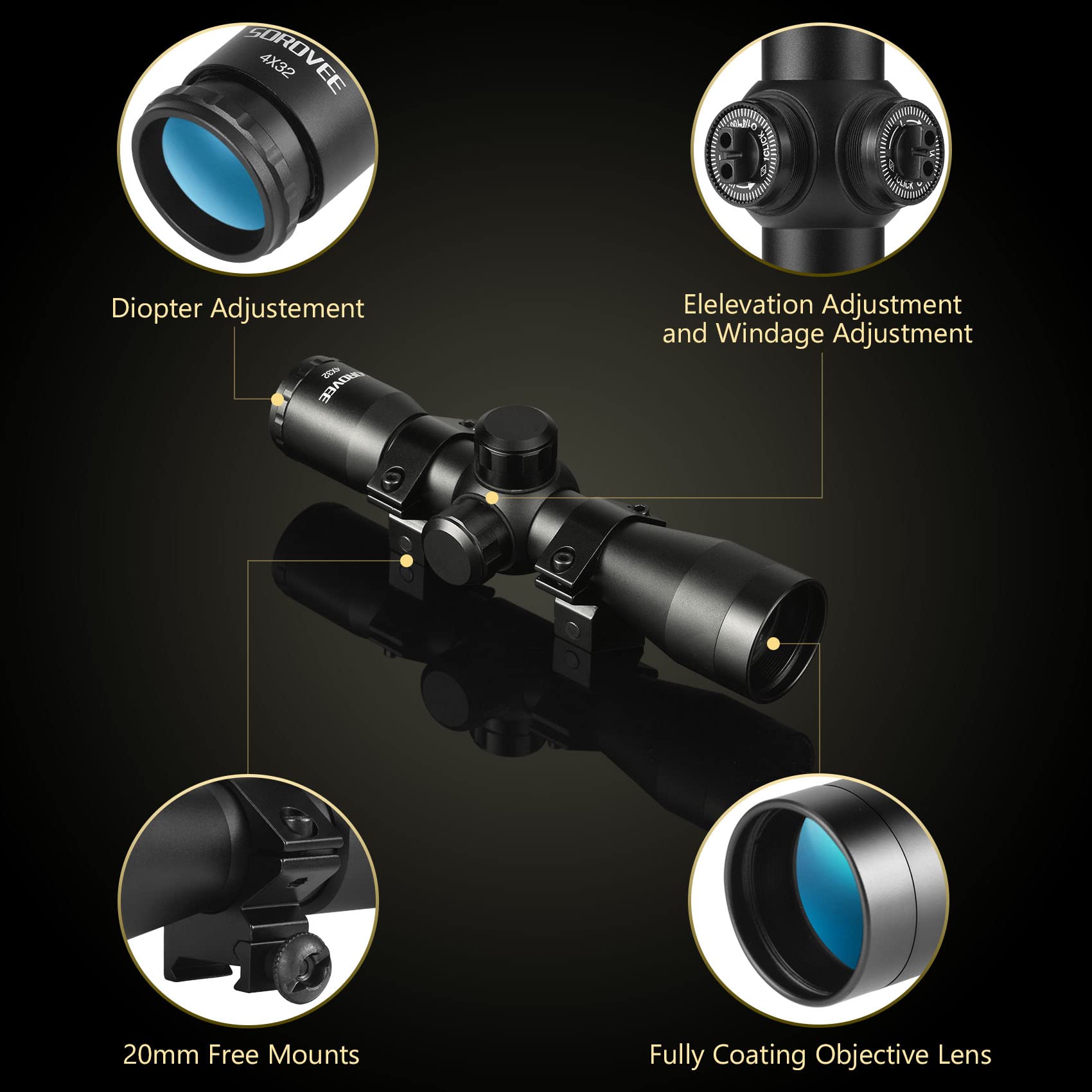 SOROVEE 4x32 Compact Rifle Scope,Airsoft Scope Crosshair Optics,Hunting ...