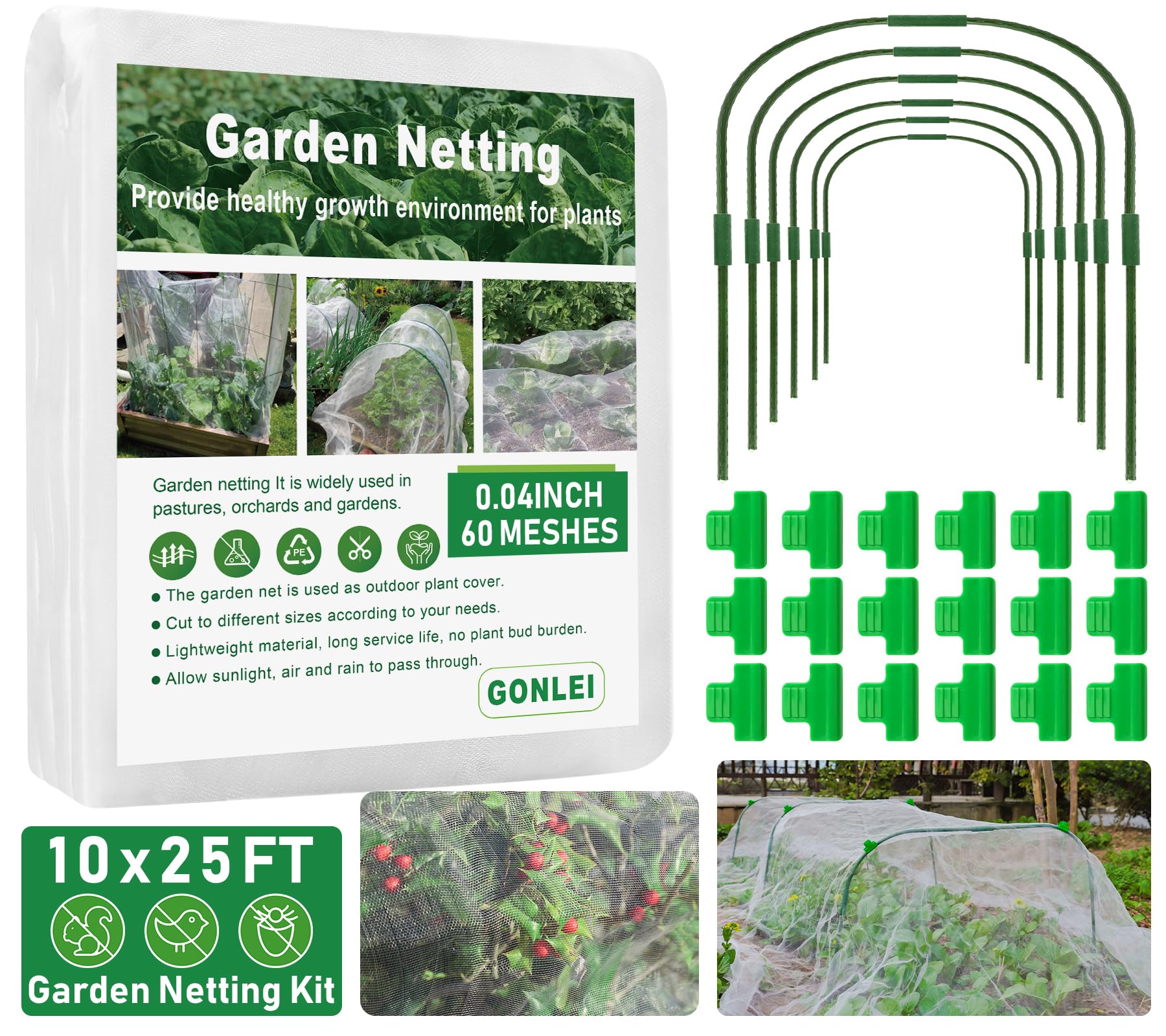 GonLei 10x25FT Garden Mesh Netting Kit Raised Beds (6 Pcs Garden Hoops ...