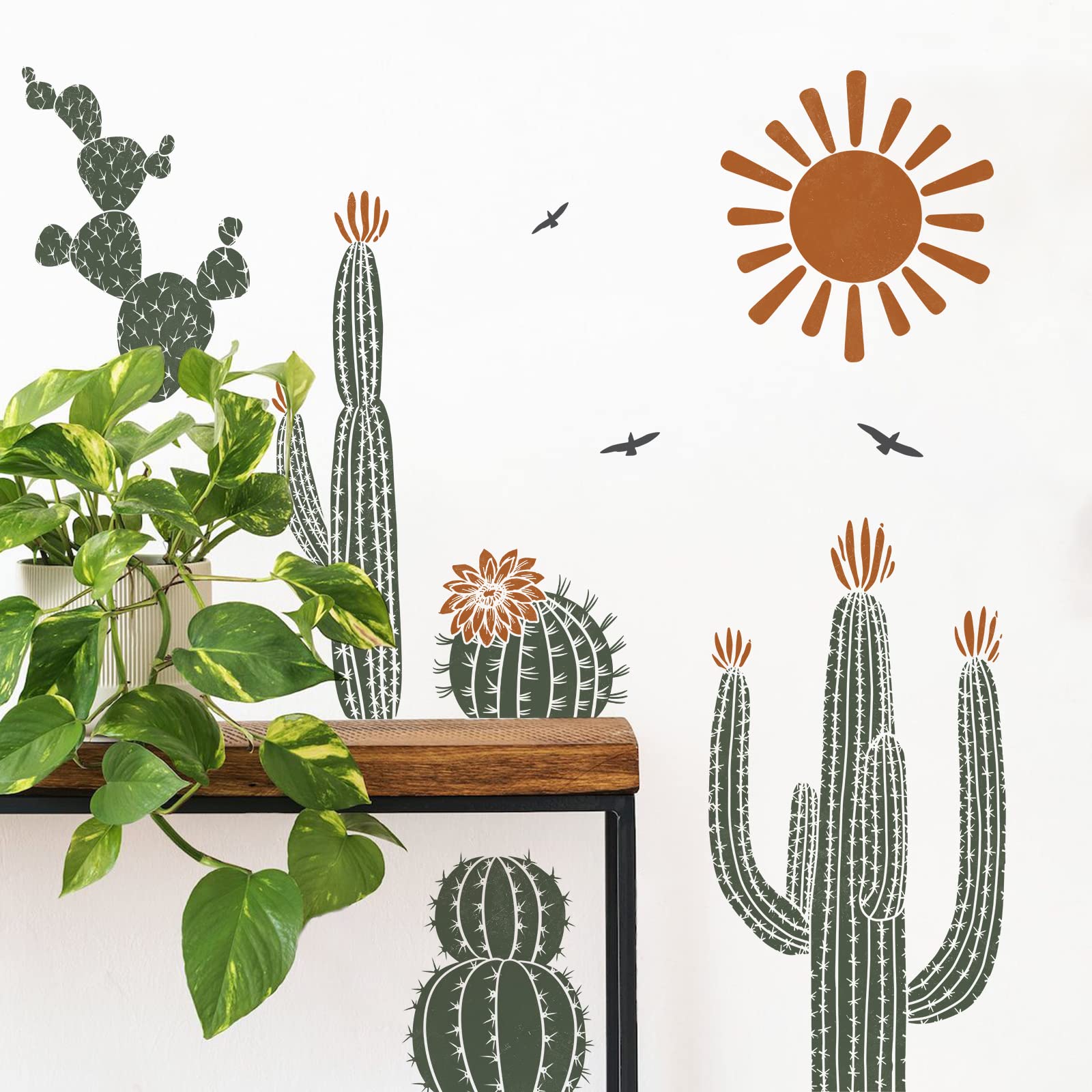 Mfault Boho Cactus Botanical Wall Decals Stickers, Bohemian Cacti Green ...