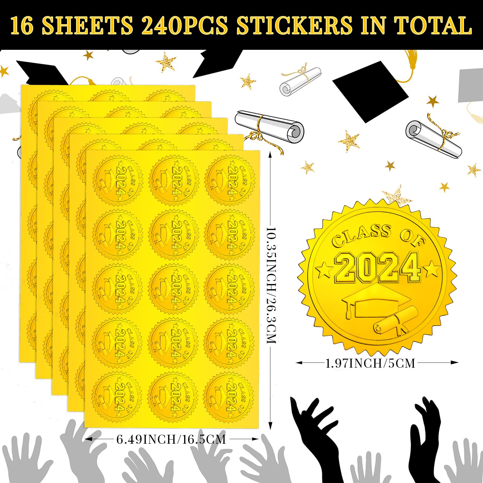 Zonon 240 Pcs Gold Embossed Graduation Seal Stickers Embossed ...