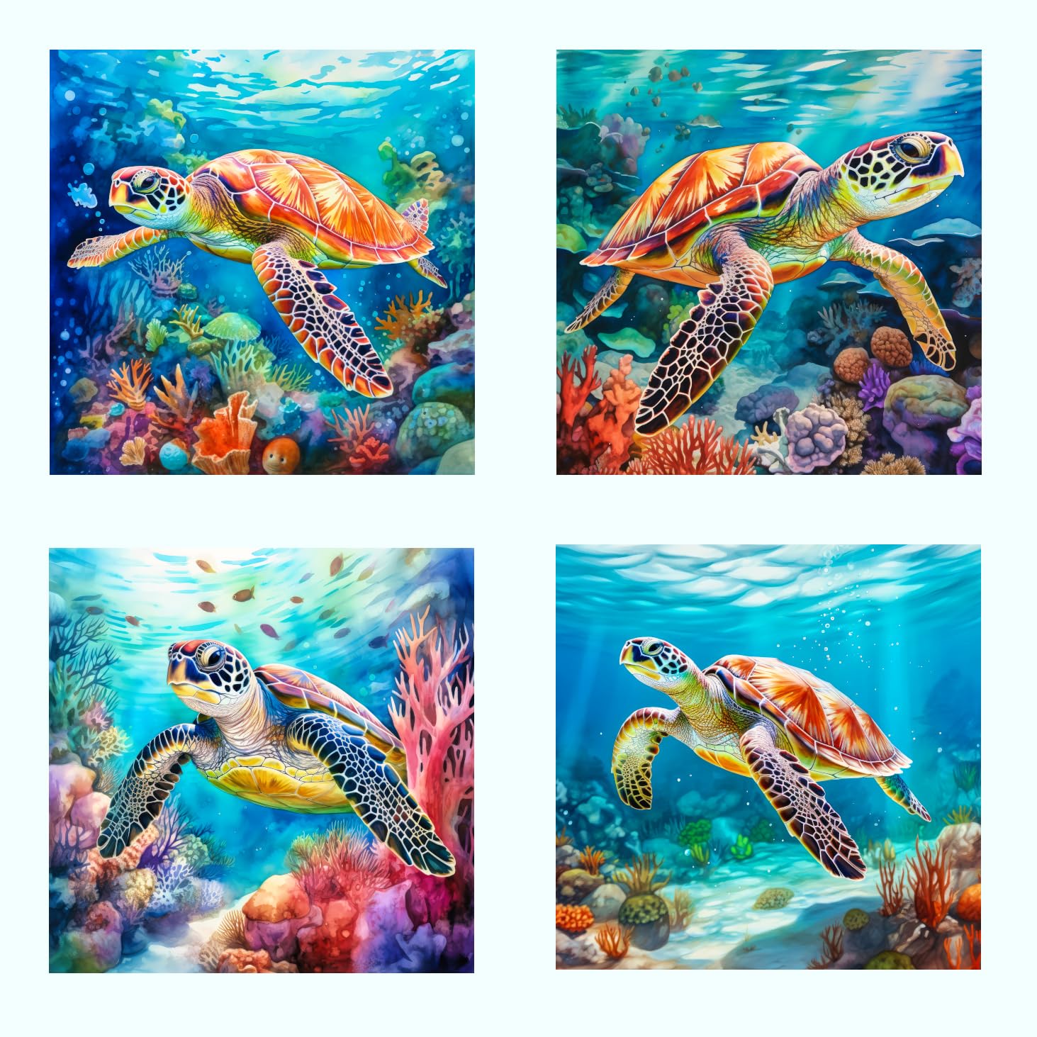 4 Piece 6"x6" Sea Turtles Fabric Panel Squares - Quilting Sewing Blocks ...