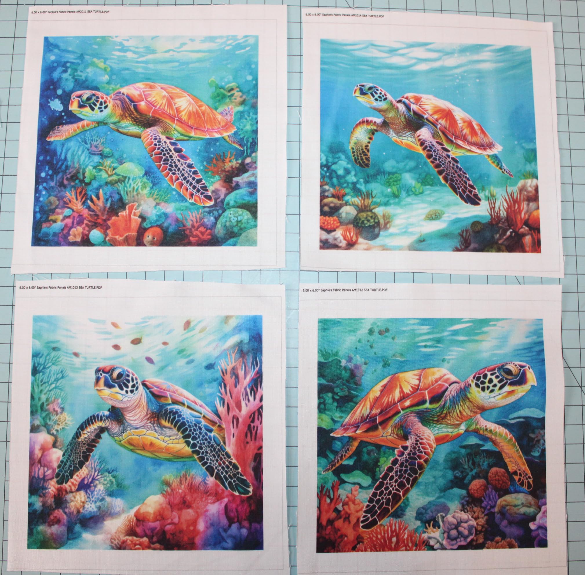 4 Piece 6"x6" Sea Turtles Fabric Panel Squares - Quilting Sewing Blocks ...