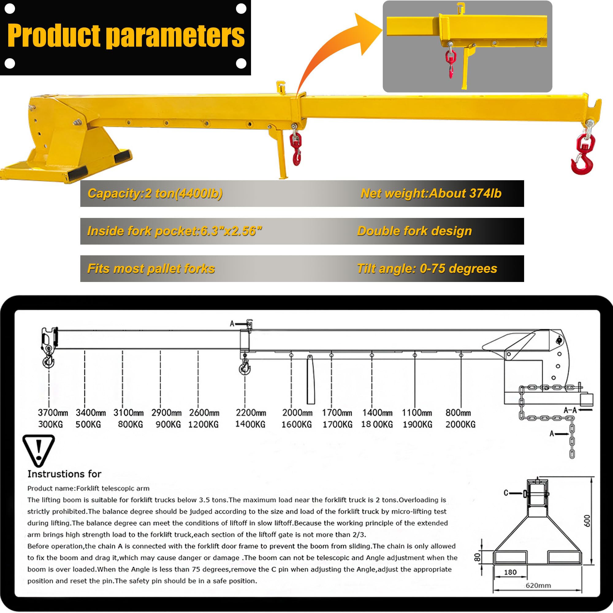 HQHAOTWU Forklift Jib Boom Crane Industrial Forklift Telescoping Jib ...