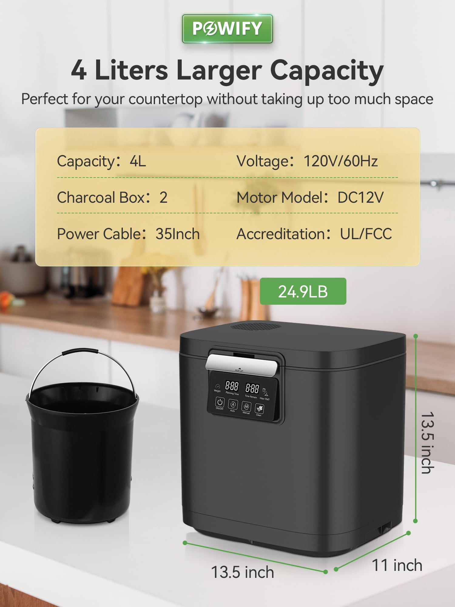 POWIFY Electric Compost Bin Kitchen 4L Capacity Composter Bins Outdoor ...