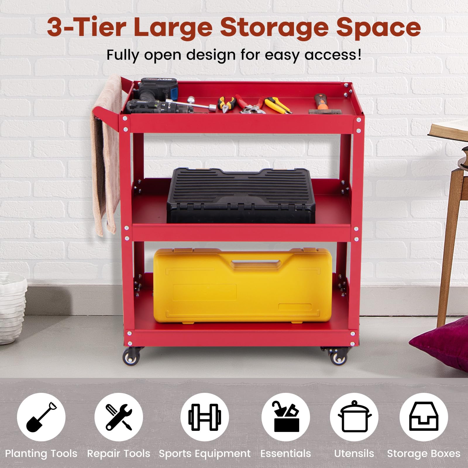 IRONMAX 3 Tier Utility Cart, Heavy Duty Steel Push Service Cart with Lockable 360 Degree Casters ...