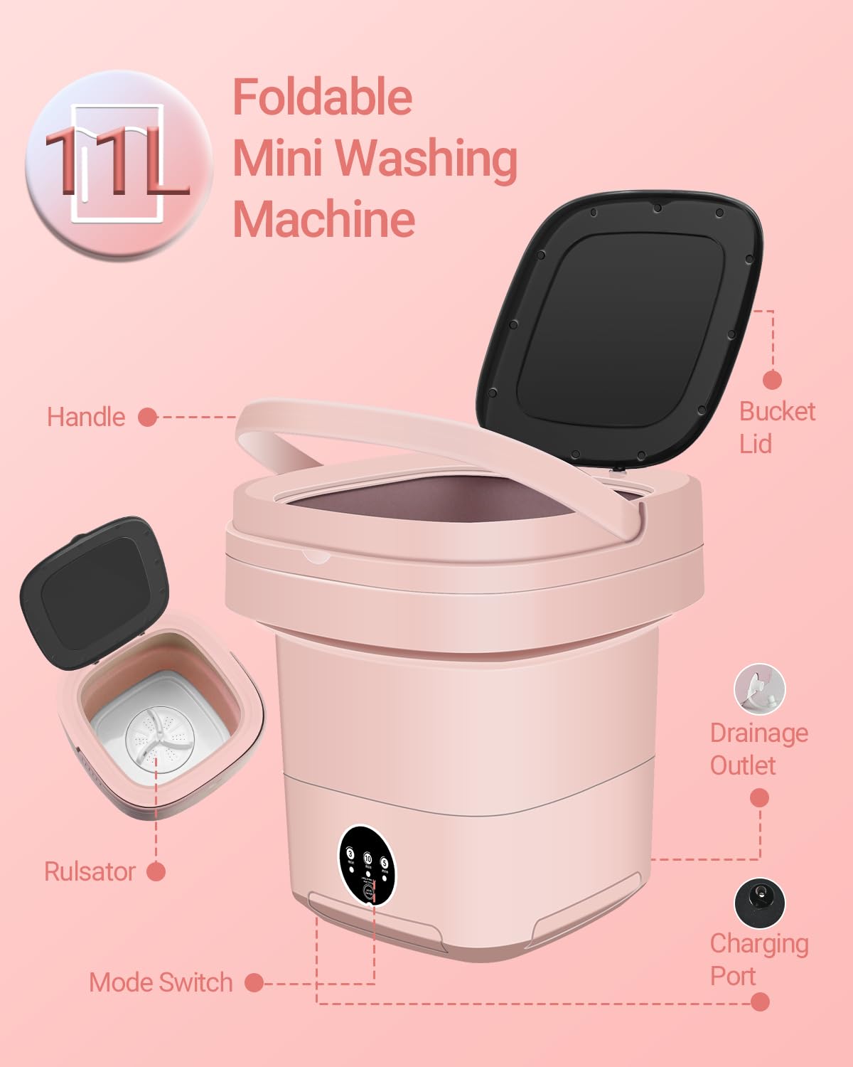 Portable Washing Machine, 11L Upgraded Large Capacity Foldable Mini ...