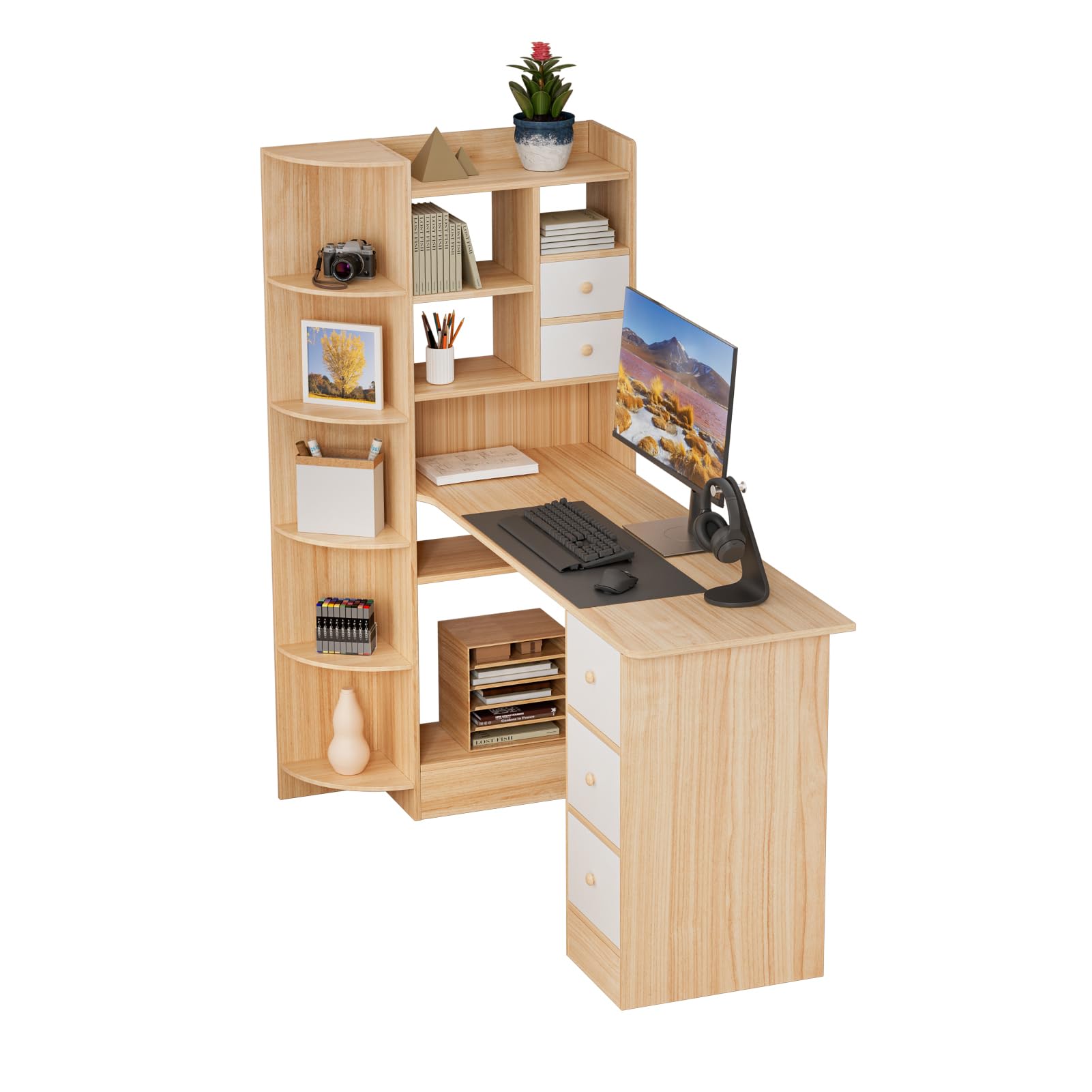 clinmday L-Shaped Modern Minimalist Computer Desk with Bookshelves Wide ...