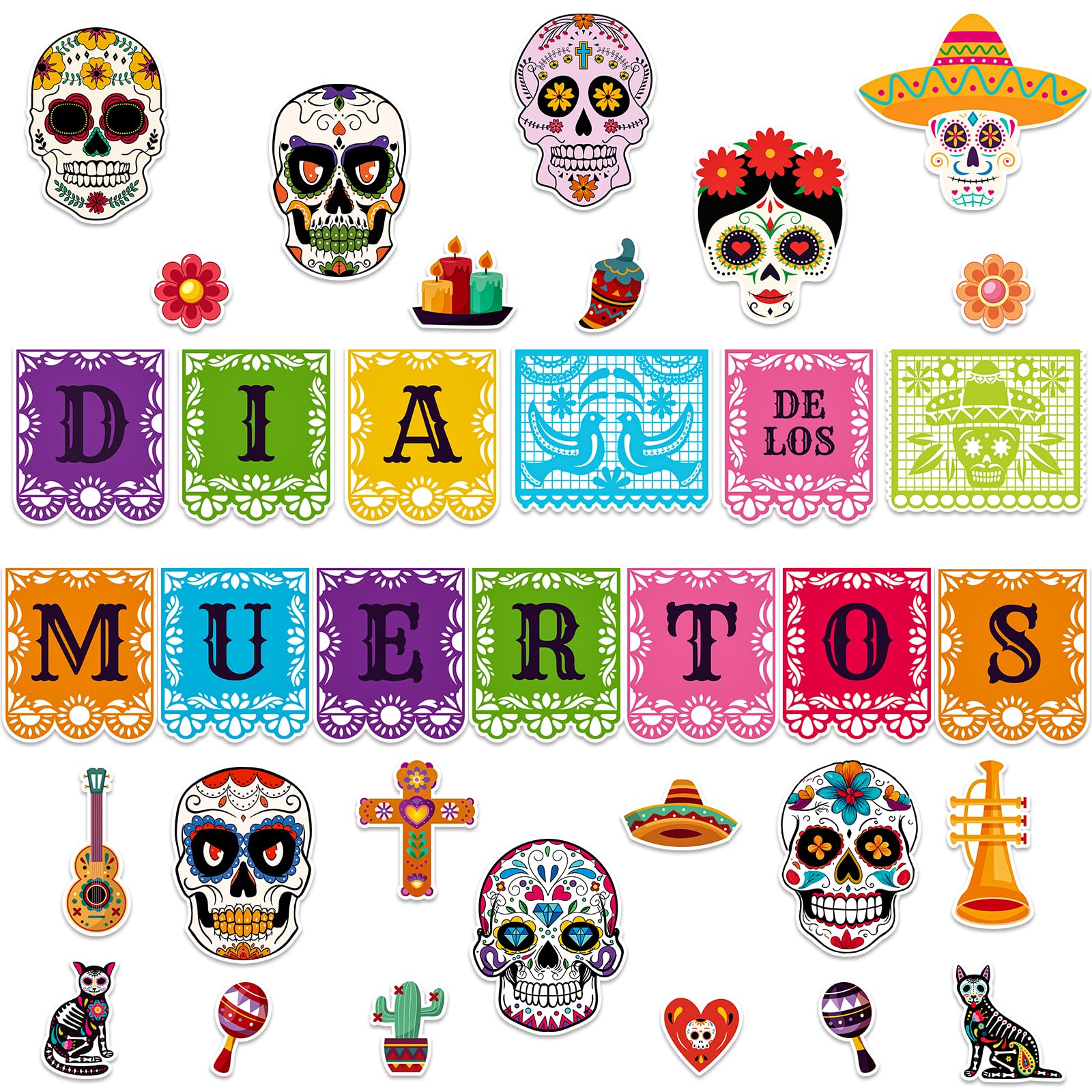 JUESMOS Day of The Dead Decorations Sugar Skull Cutouts Halloween Decor ...