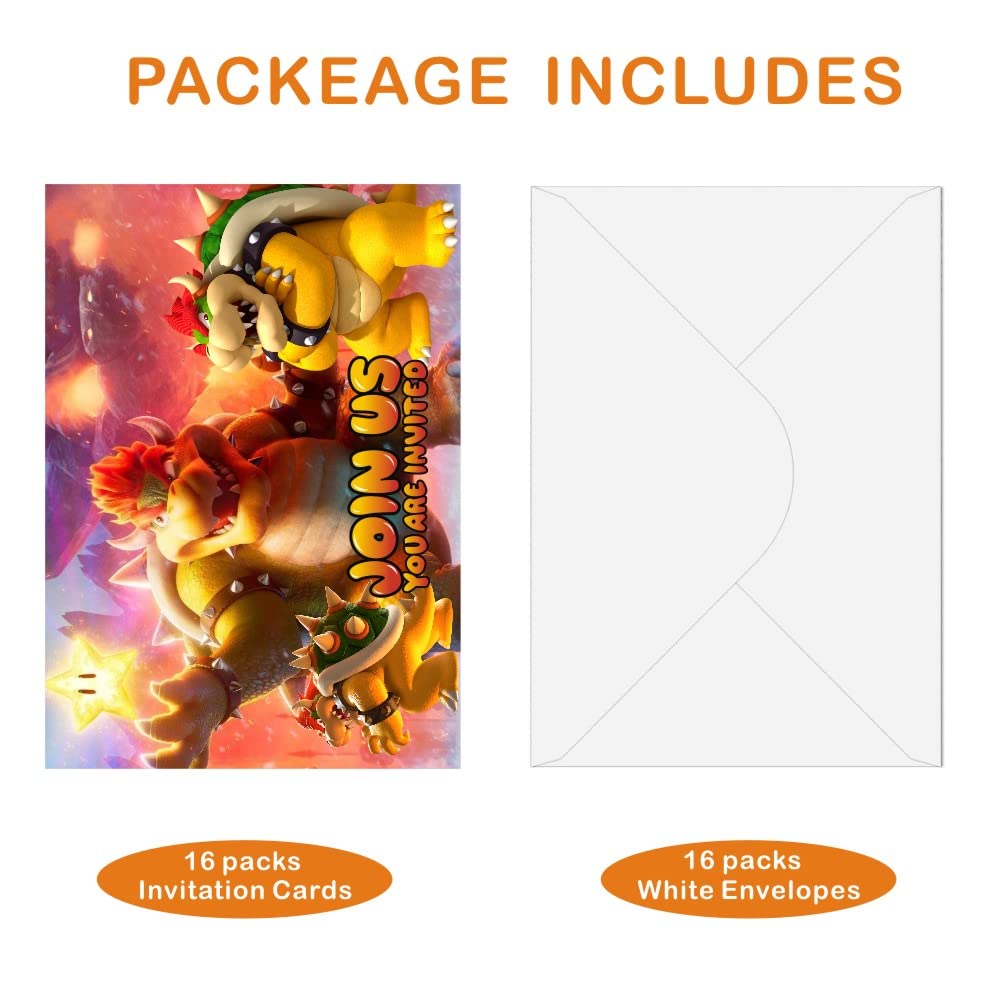 ZPLHBHX 16 Pack Bowser Birthday Invitation Cards with Envelopes for ...