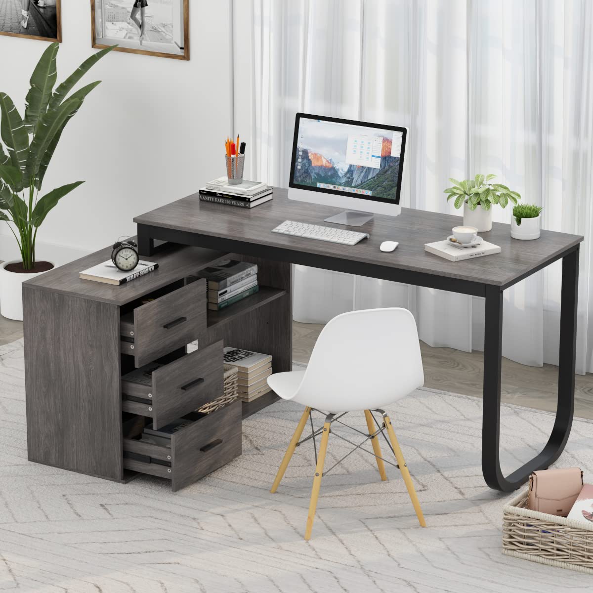 FUFU&GAGA Large 55.1" L-Shaped Office Desk with 41.3" File Cabinet ...