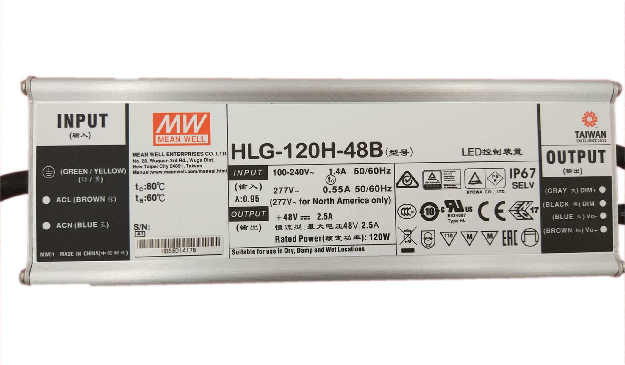Mean Well HLG-120H-48B LED Power Supply 120W 48V 2.5A, IP67, CV+CC, with PFC, Dimming with 1-10V ...