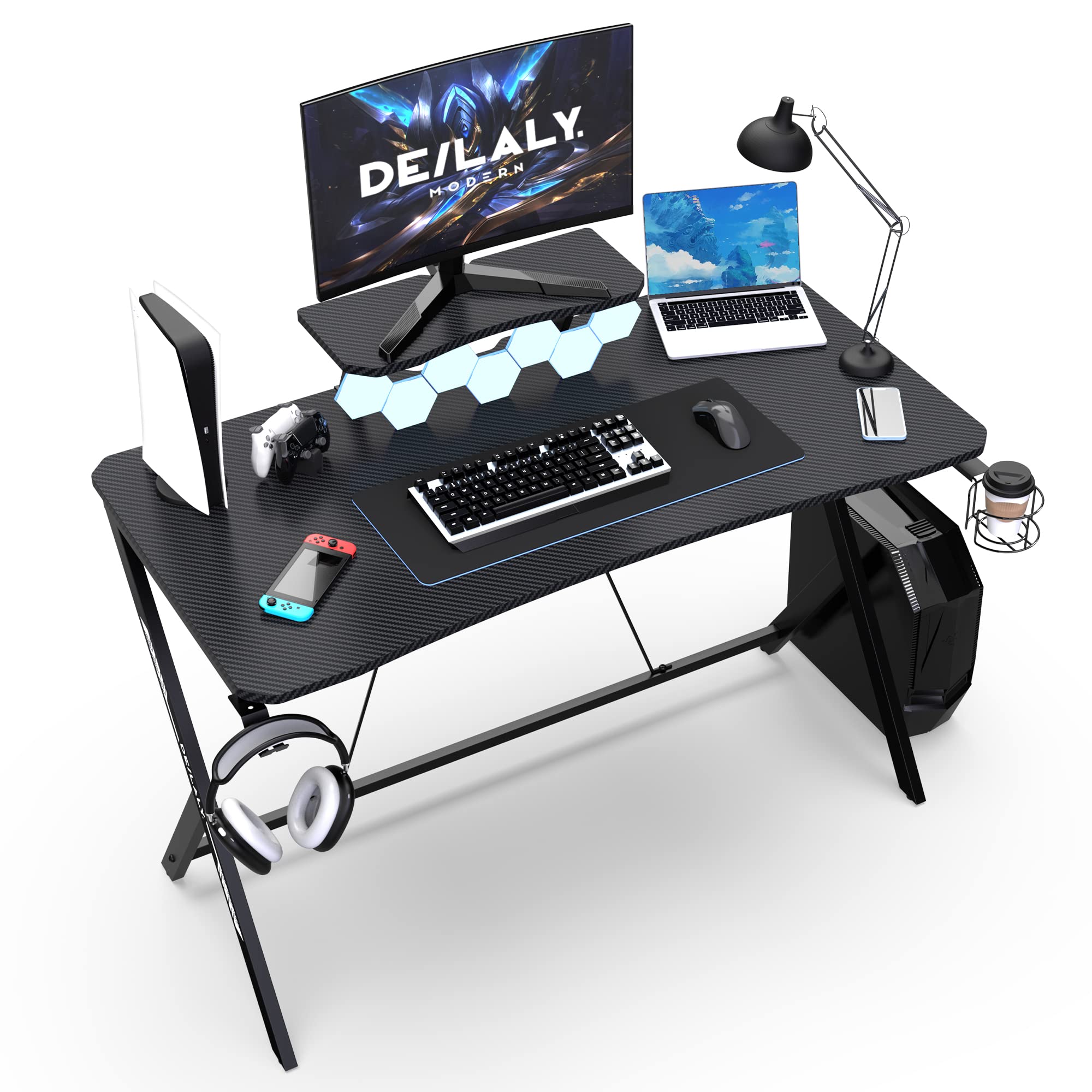 DEILALY 45IN Gaming Desk Gamer Table Carbon Fiber Surface Computer ...