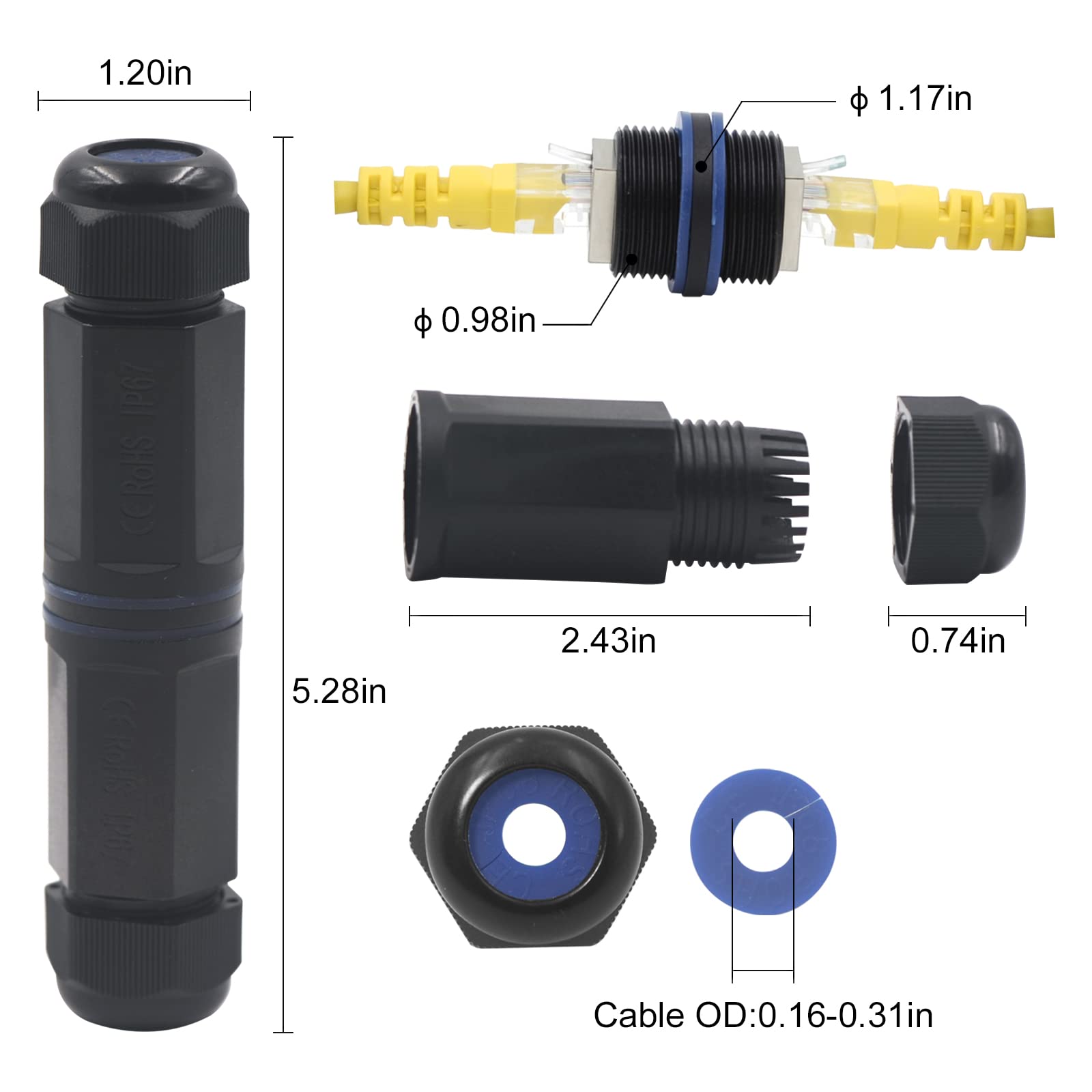 VCELINK Waterproof RJ45 Connector Shielded, Cat6/Cat5E/Cat5 Ethernet ...