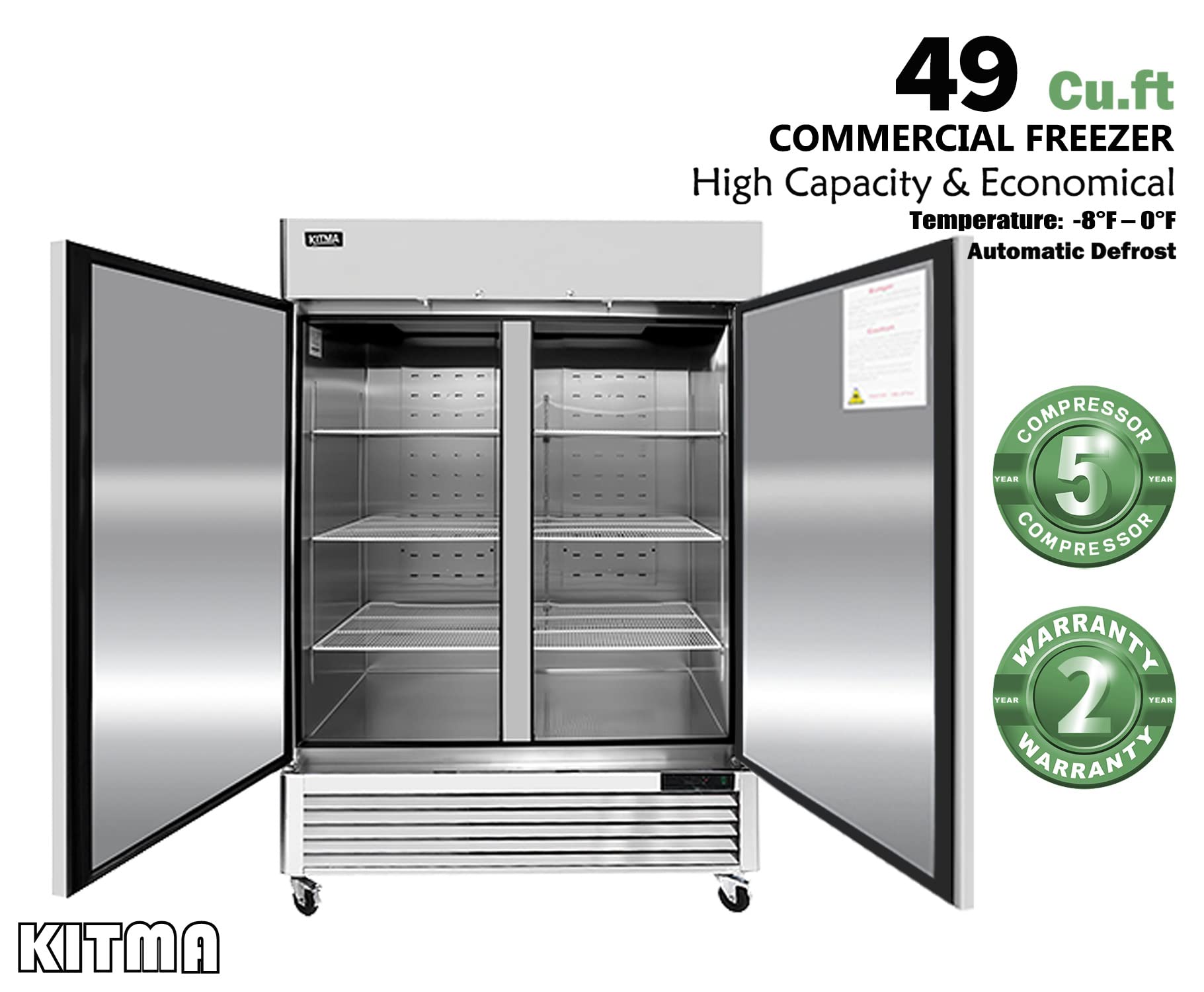 KITMA 2 Door Commercial Freezer 54" Commercial Reach-in Freezer Cooler ...