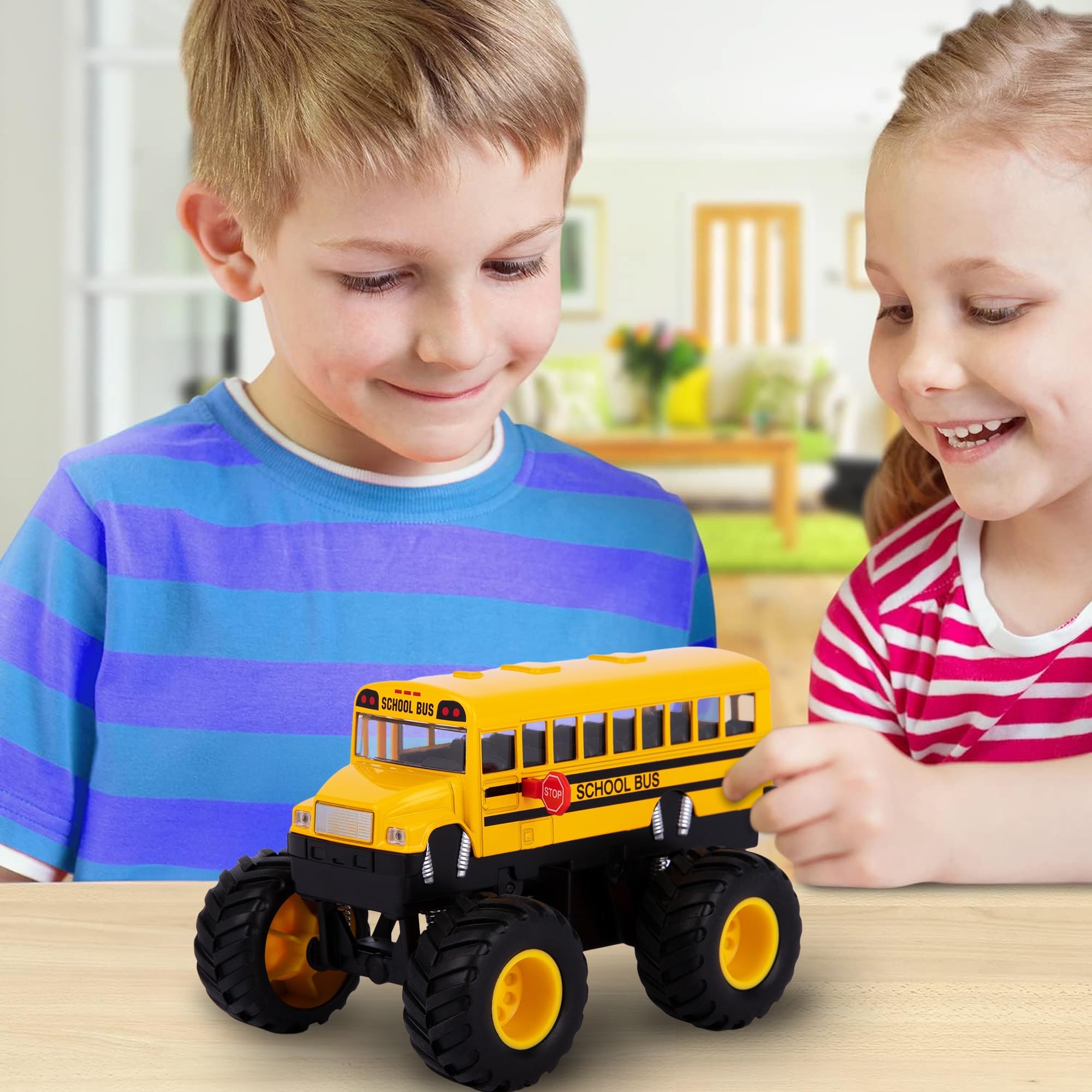 ArtCreativity 5 Inch Pull Back School Bus Toy Set - Set of 2 - Includes 5 Inch Monster-Wheel Bus ...