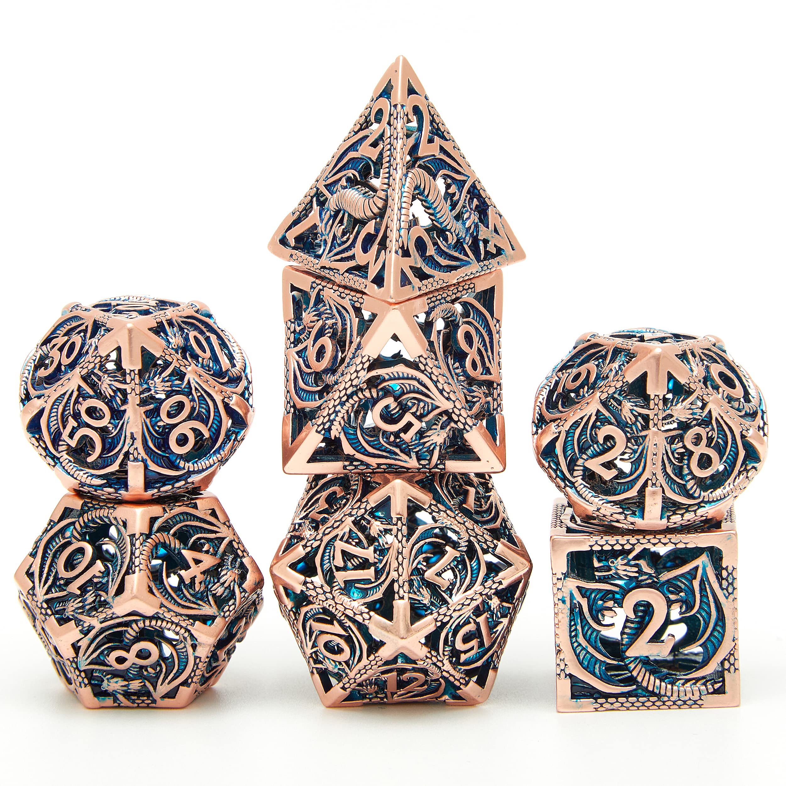 Hollow Metal DND Game Dice Dragon Shaped Blue and Copper Numbers 7Pcs ...